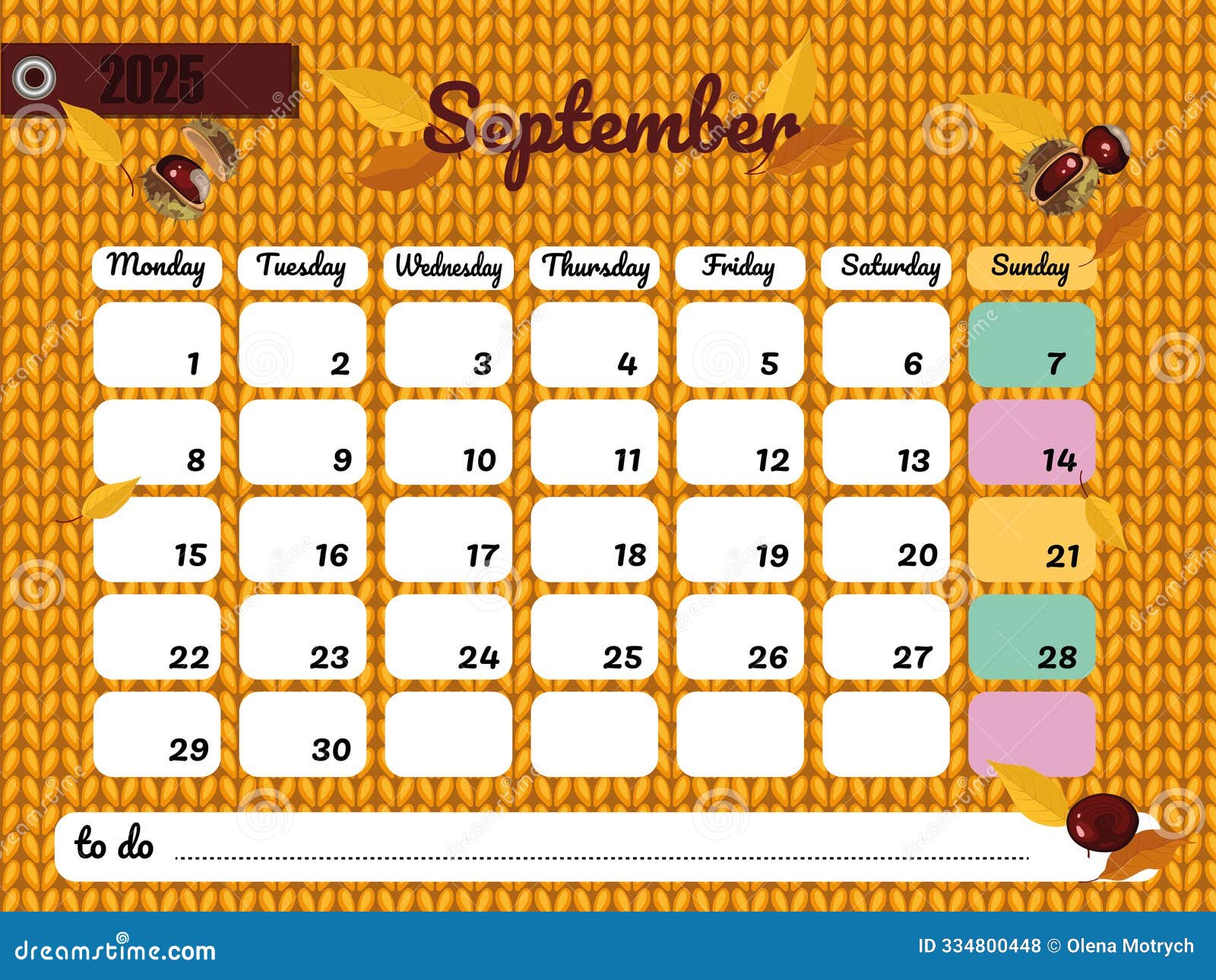 Vector Page of Month Autumn Calendar Planer with Days and Weeks ...