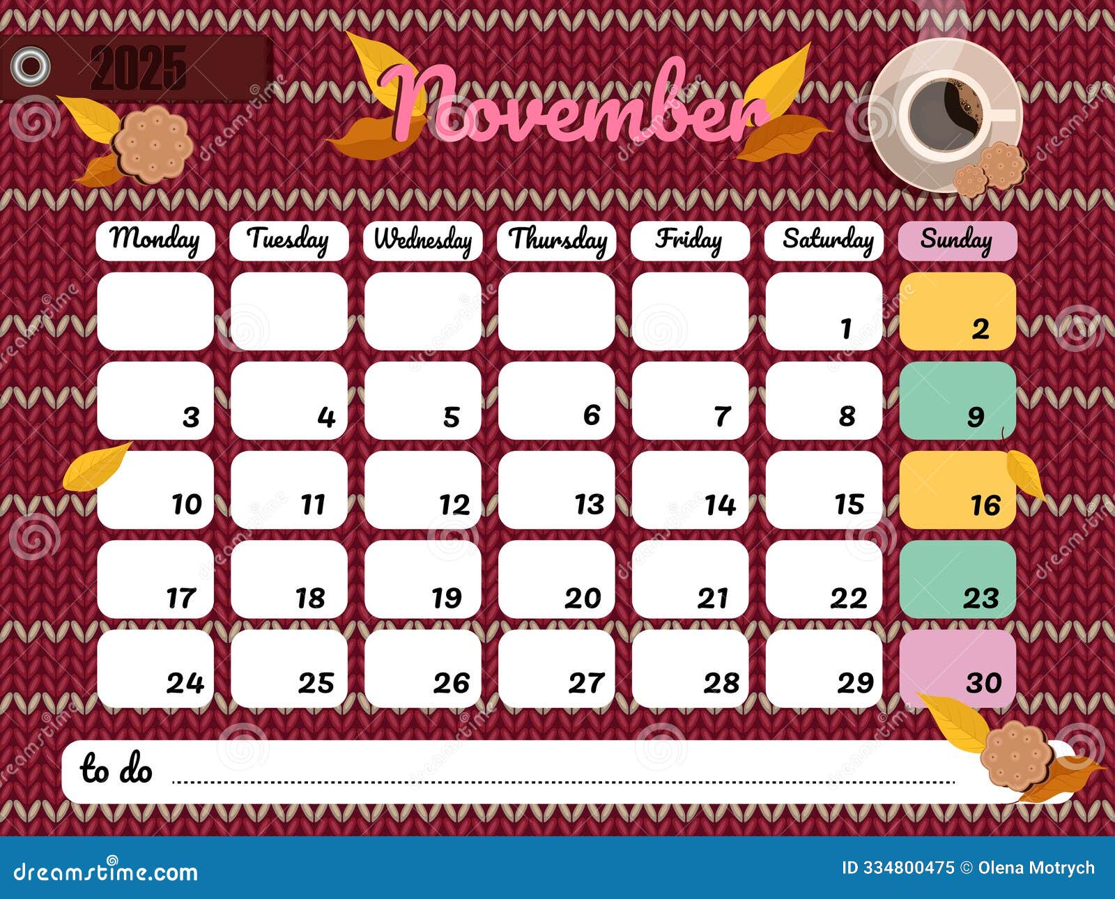Vector Page of Month Autumn Calendar Planer with Days and Weeks ...