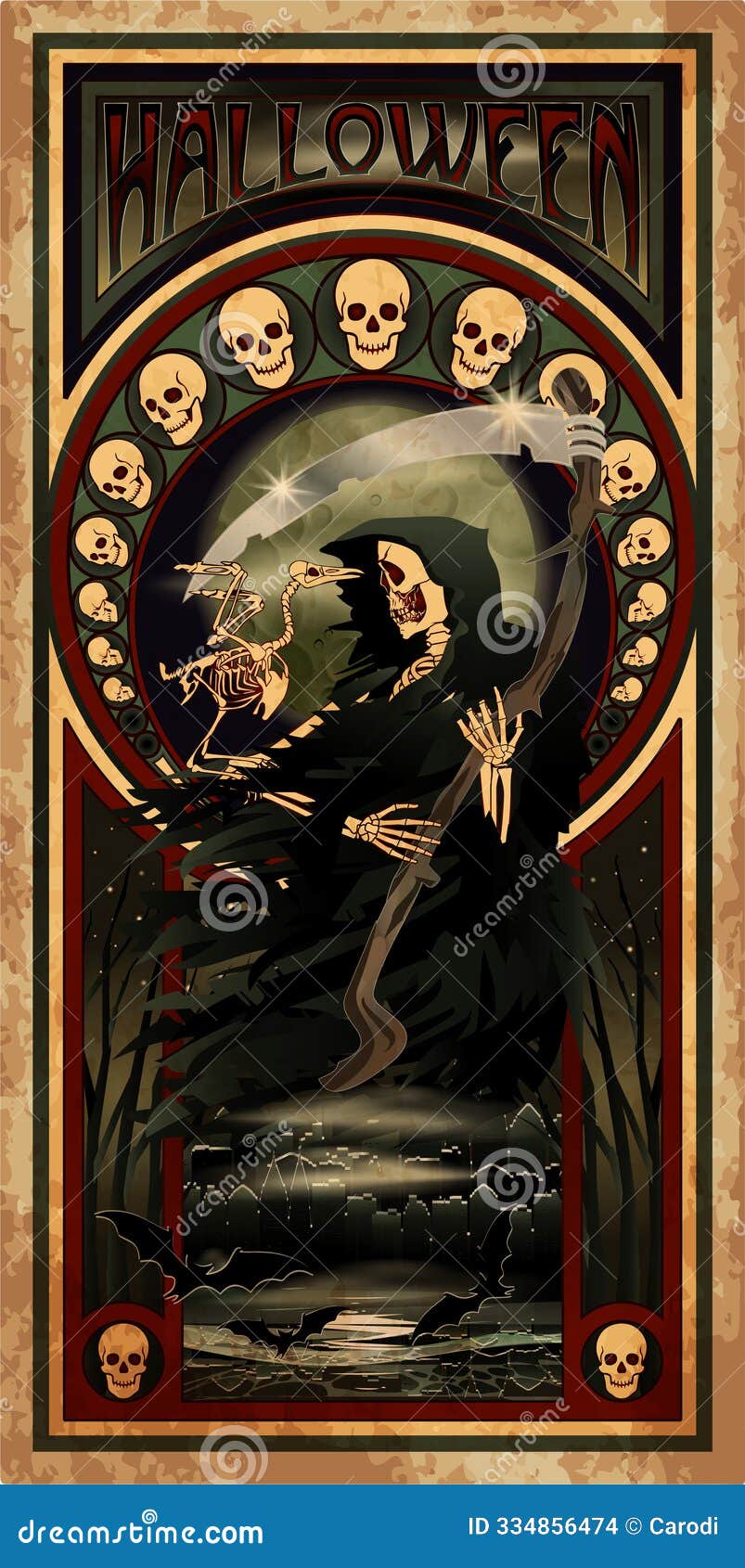 Grim Reaper Happy Halloween Banner in Art Nouveau Style Stock Vector ...