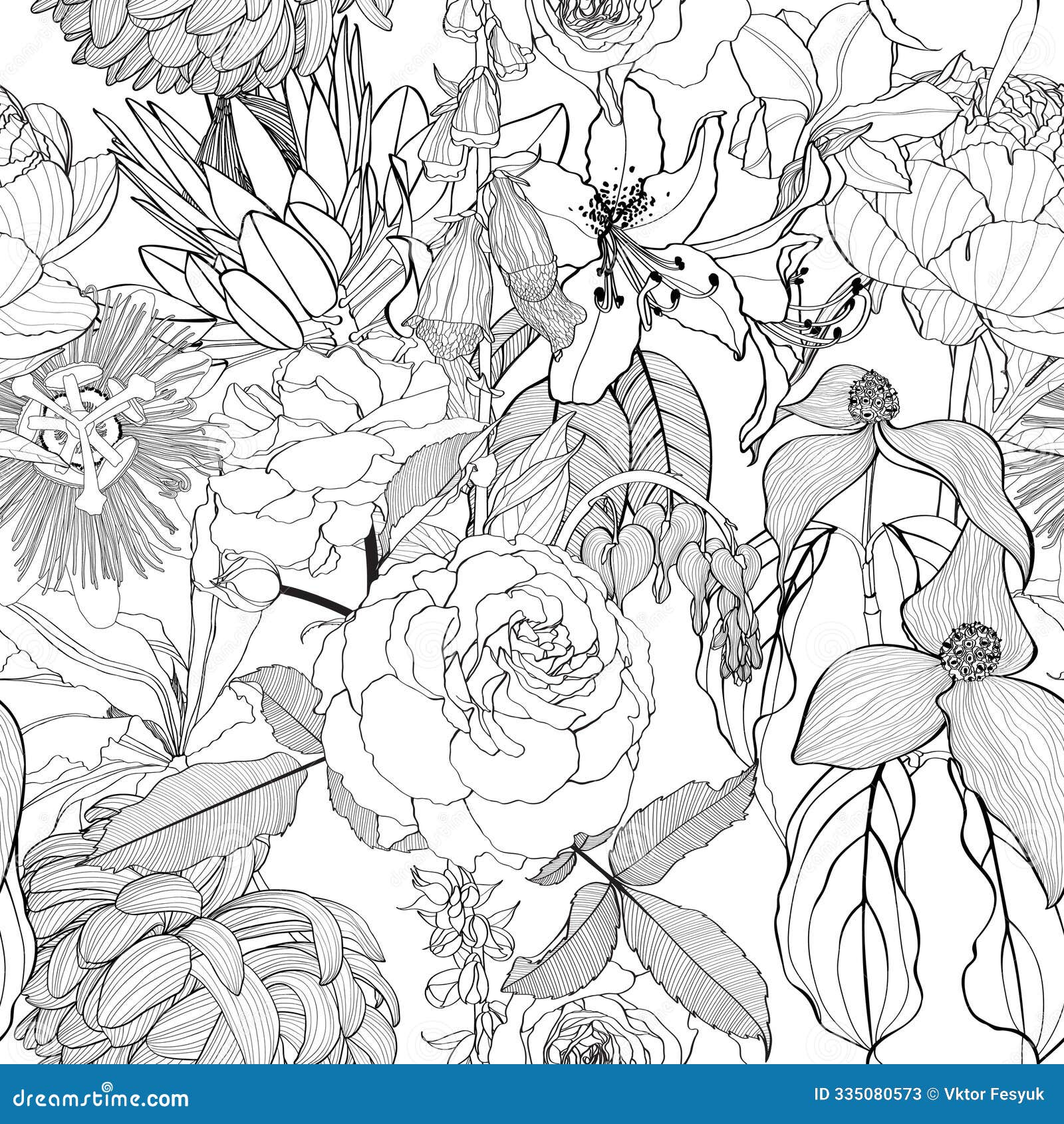 Garden Exotic Line Flowers Illustration. Tulip, Digitalis, Gladiolus ...