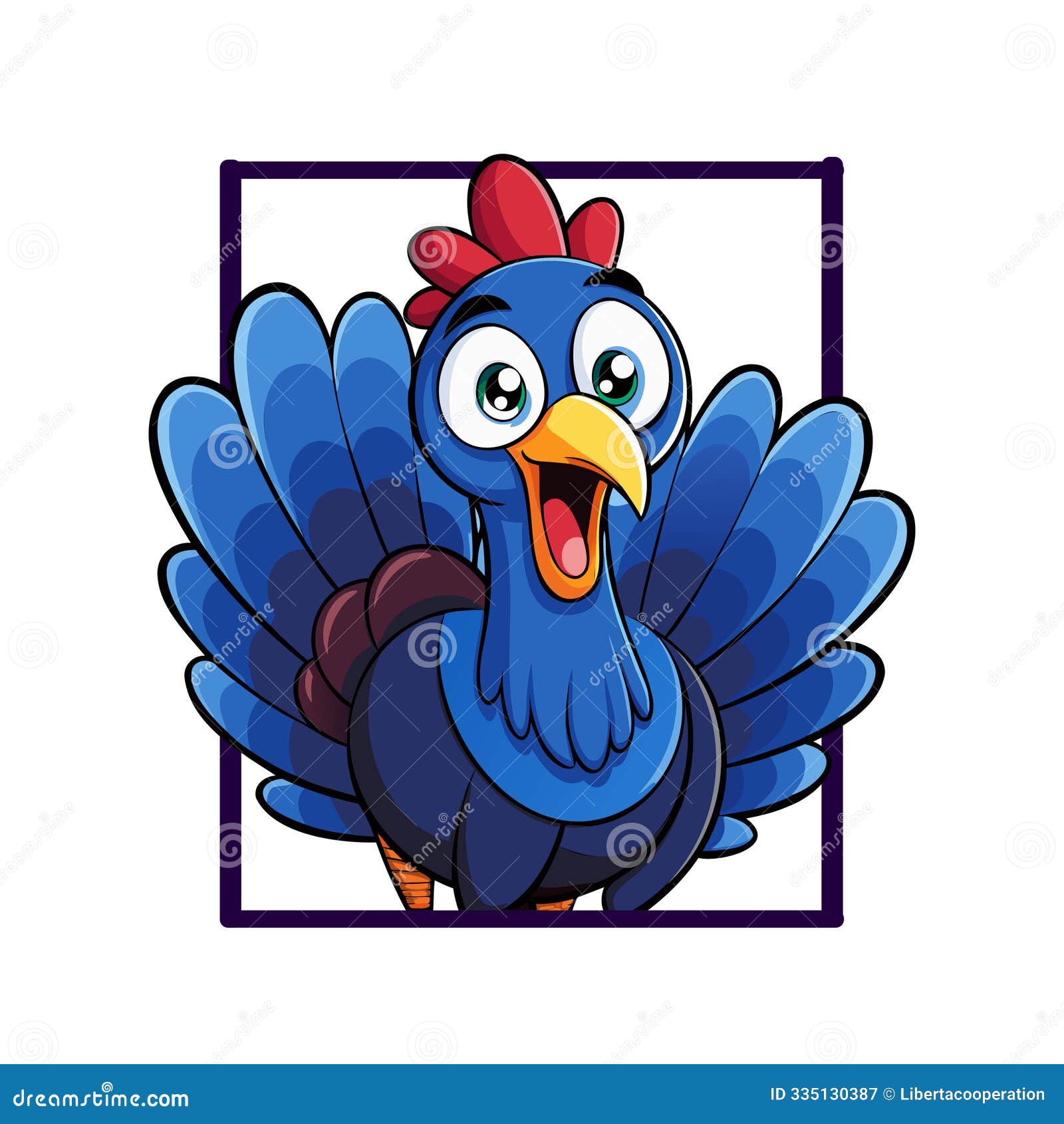 Colorful Cartoon Turkey Illustration with Blue Feathers and Red Comb ...