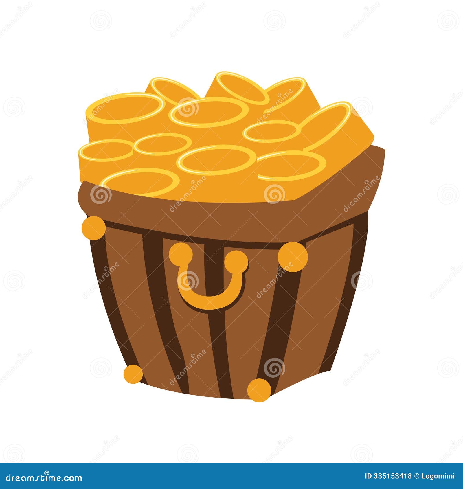 Wooden Basket with Gold Coins, Treasure Bowl Vector Illustration, Open ...