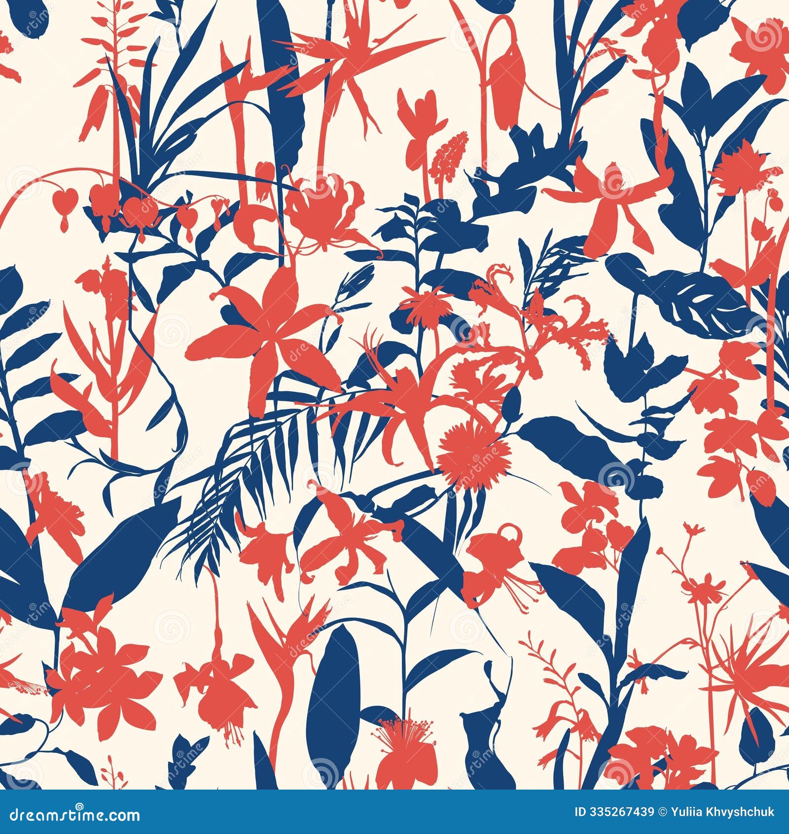 Seamless Delicate Pattern with Tropical Line Silhouette Flowers and ...