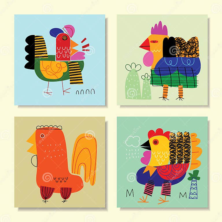 Abstract Chicken Hen Rooster Sketch Geometric Doodle Hand Drawn Vector ...