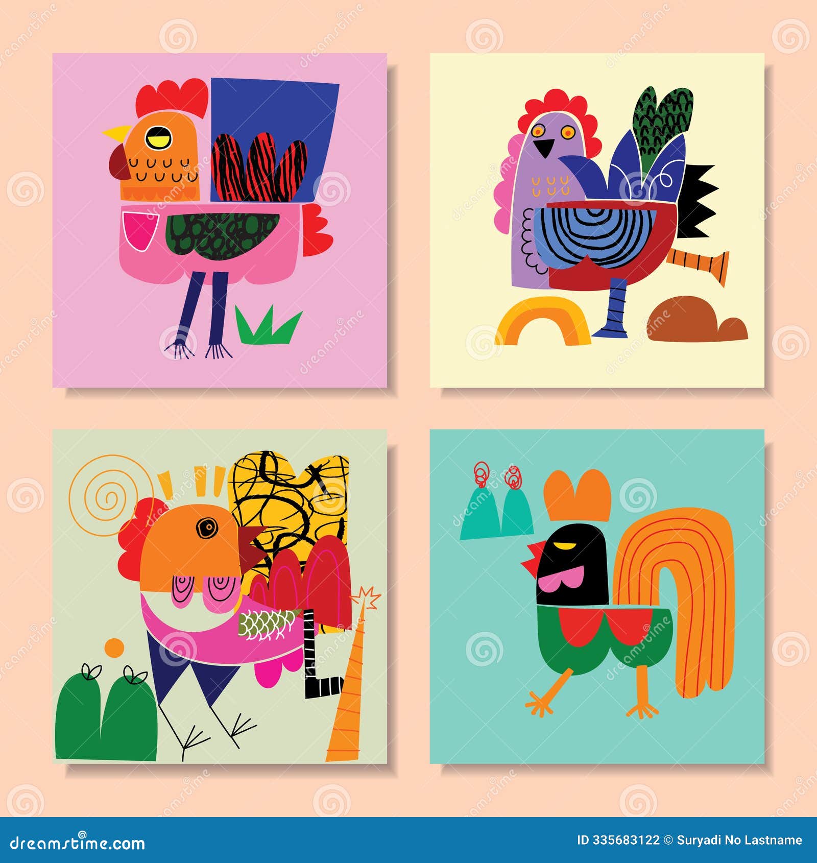 Abstract Chicken Hen Rooster Colorful Geometric Hand Drawn Vector ...