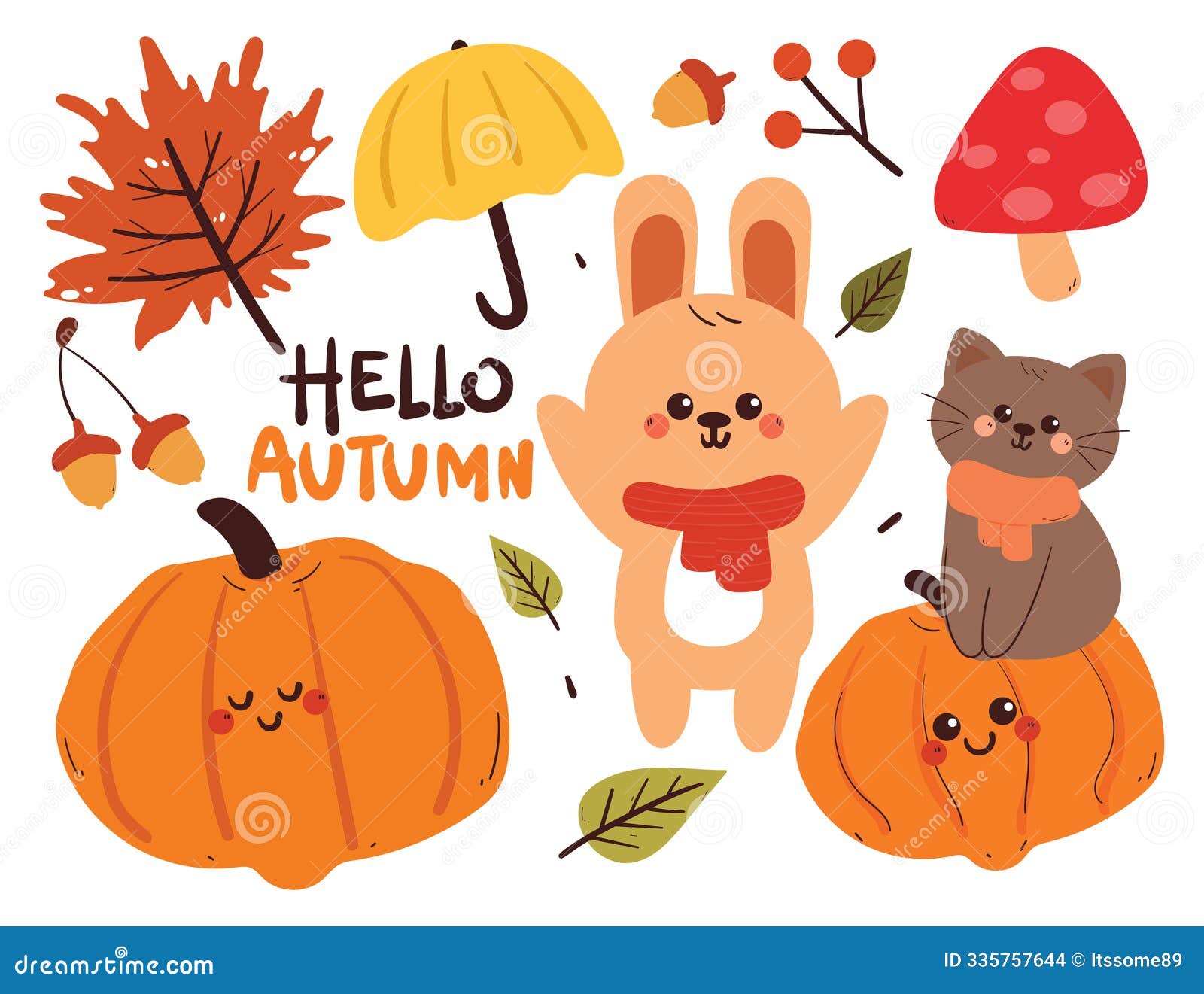 Hand Drawing Cartoon Autumn Sticker Set Stock Illustration ...