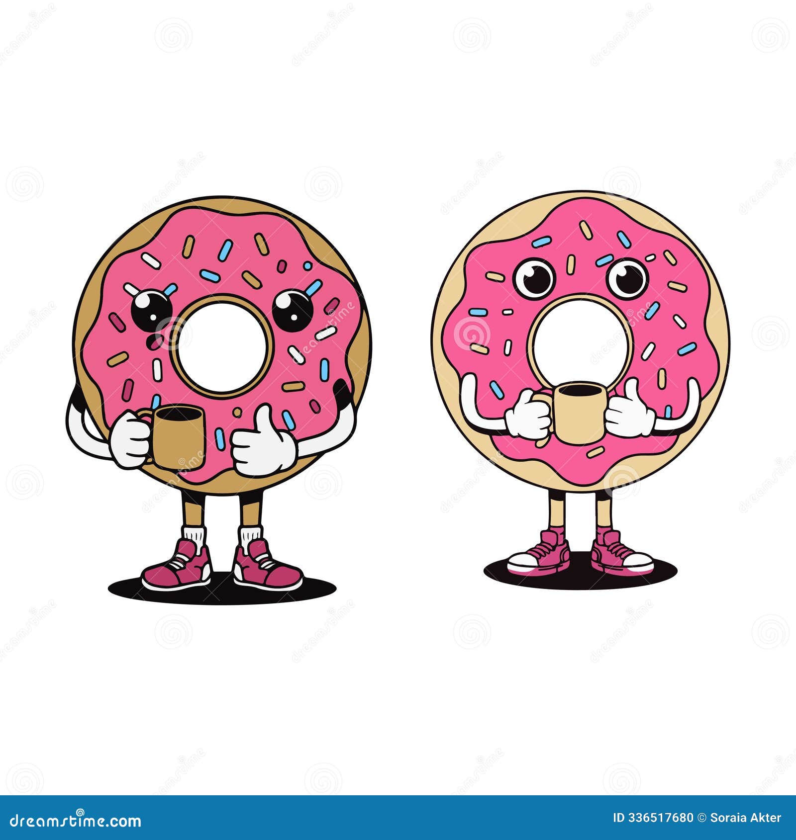 A Collection of Donut Mascot, Vintage Cartoon Styled Retro Vector ...