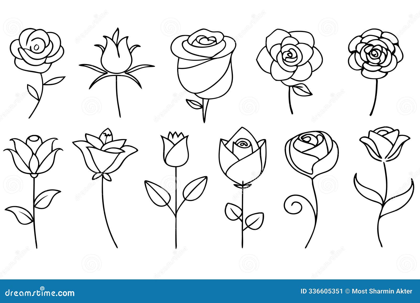 Elegant Rose Flower Line Art Vector Illustration. Stock Illustration ...