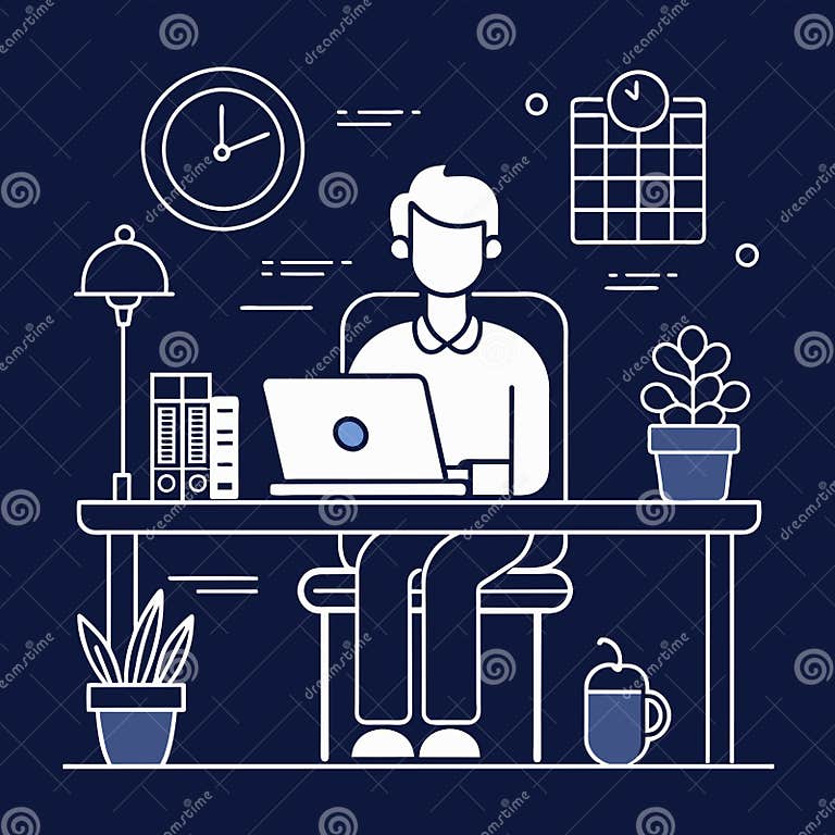 An Employee is Working Laptop with Dask Minimalist Line Art Vector ...