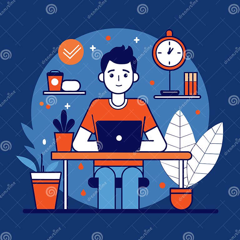 An Employee is Working Laptop with Dask Minimalist Line Art Vector ...