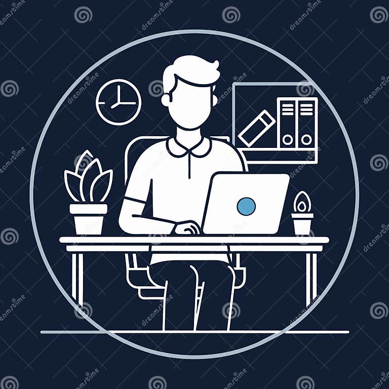 An Employee is Working Laptop with Dask Minimalist Line Art Vector ...