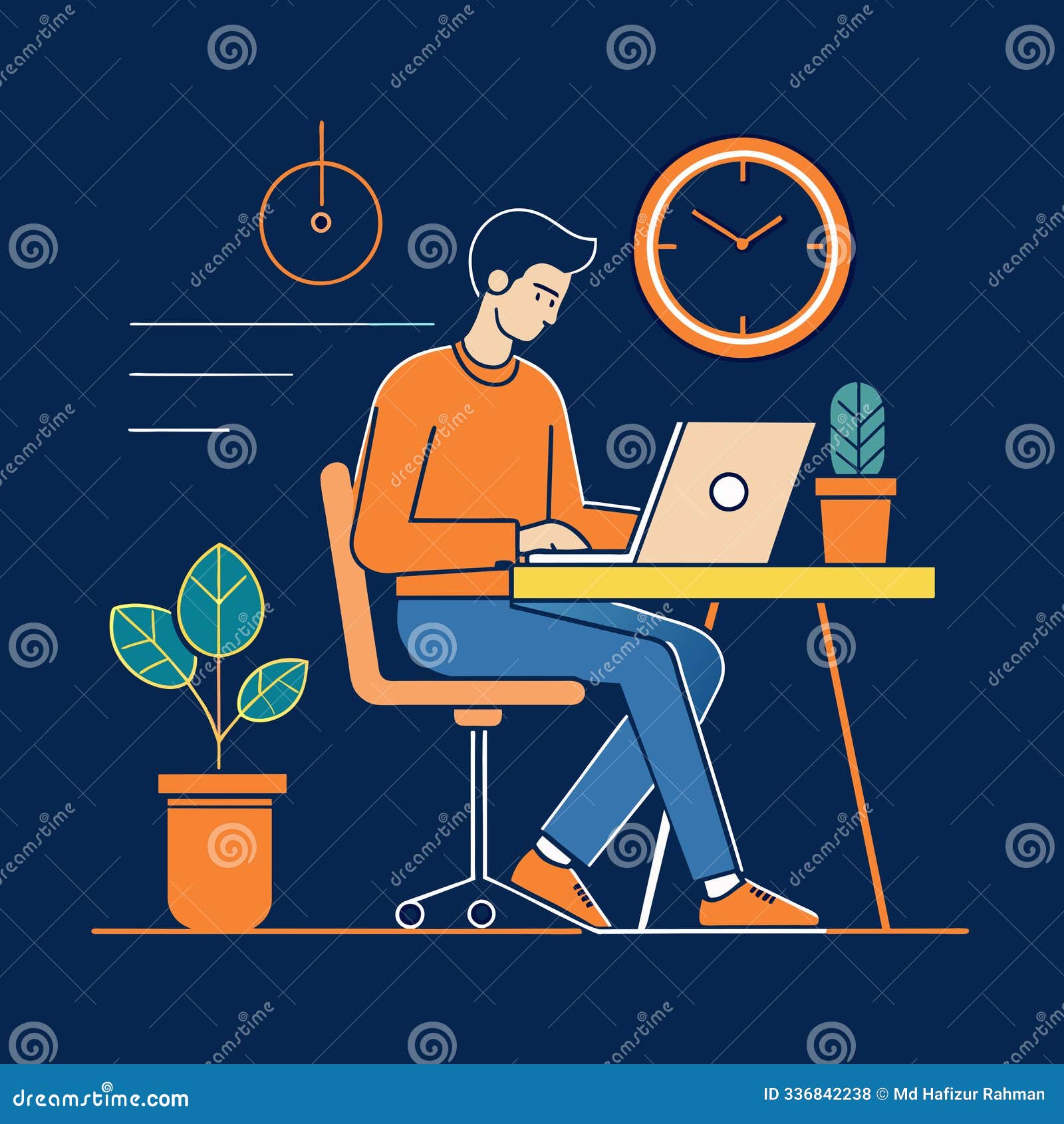 An Employee is Working Laptop with Dask Minimalist Line Art Vector ...