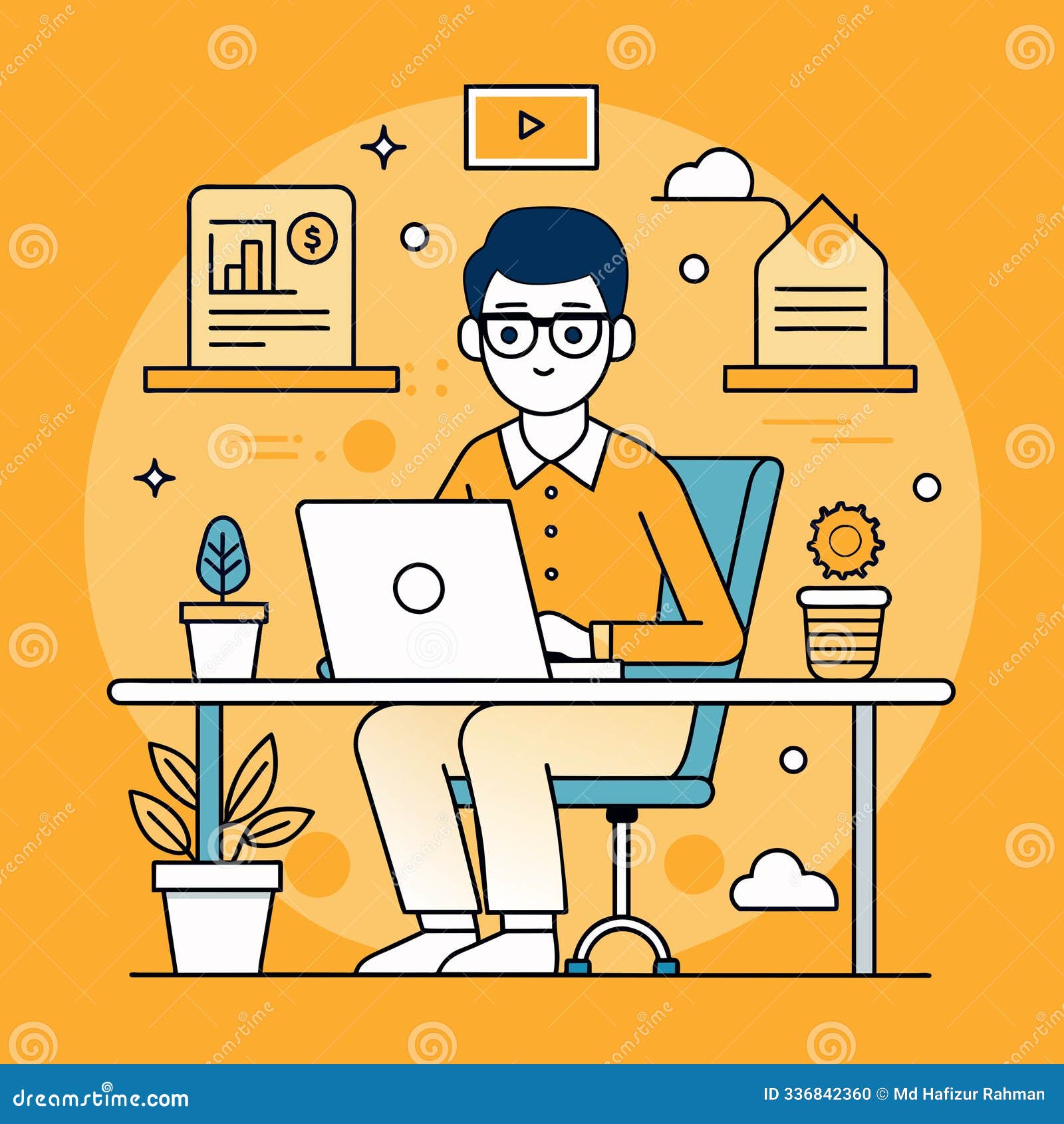 An Employee is Working Laptop with Dask Minimalist Line Art Vector ...