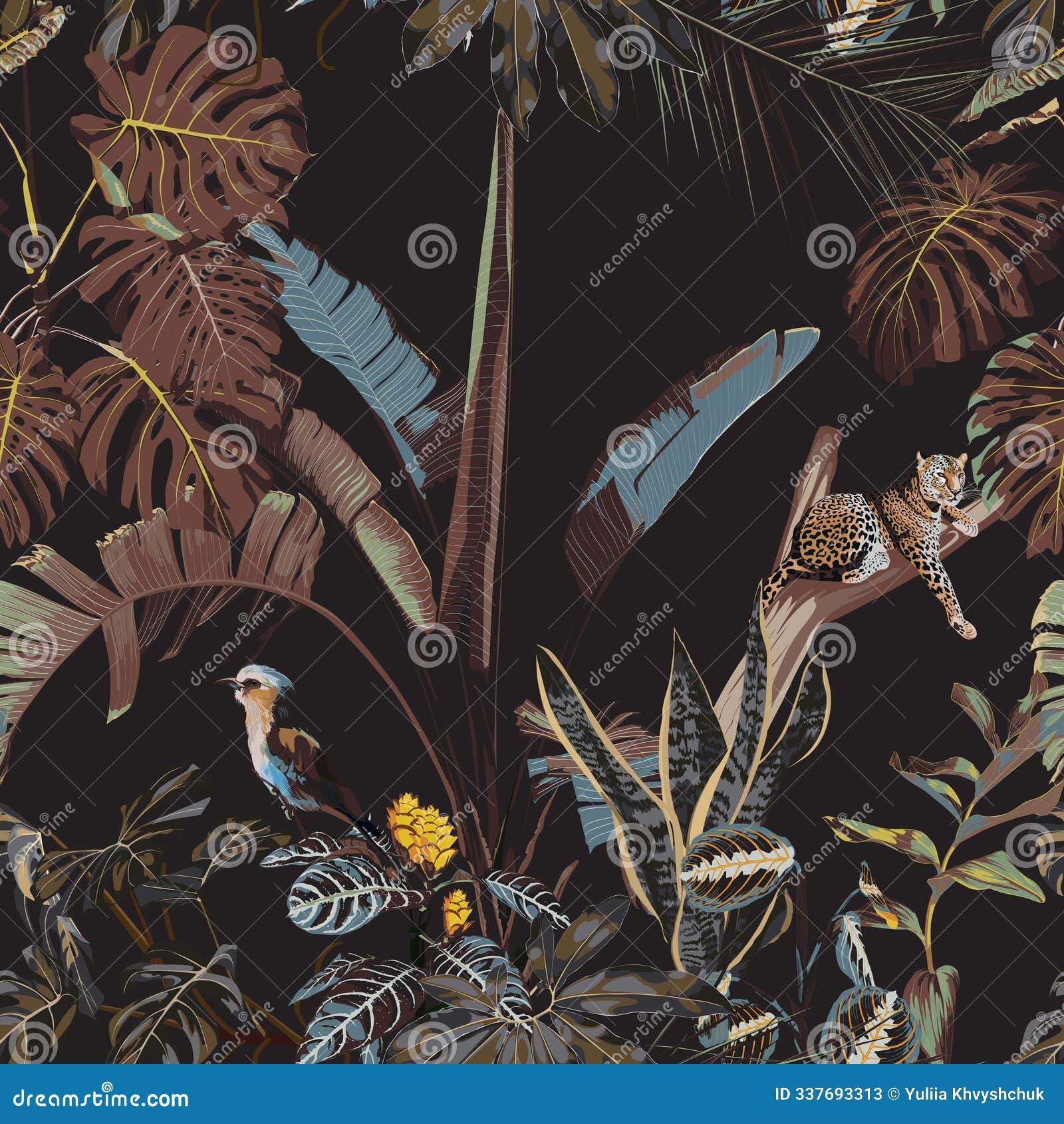 Tropical Night Vintage Wild Pattern, Palm Tree, Palm Leaves and Plant ...