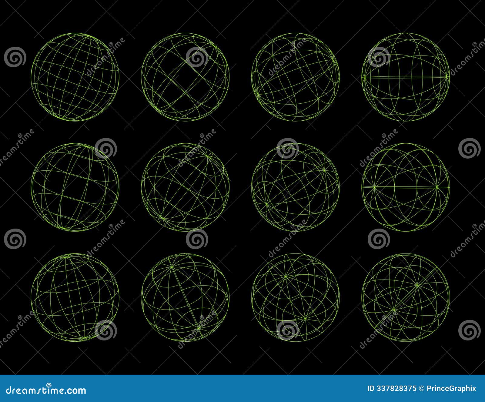 Green Globe Grid Sphere Set. Globe Meshes, Striped 3D Wireframe Spheres ...