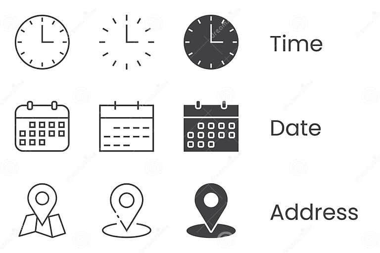 Time, Date and Address Icon Set. Clock, Map Location Pin, and Calendar ...