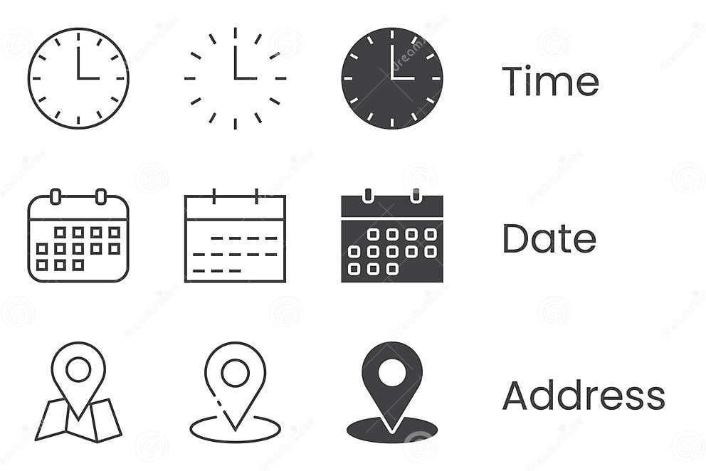 Time, Date and Address Icon Set. Clock, Map Location Pin, and Calendar ...