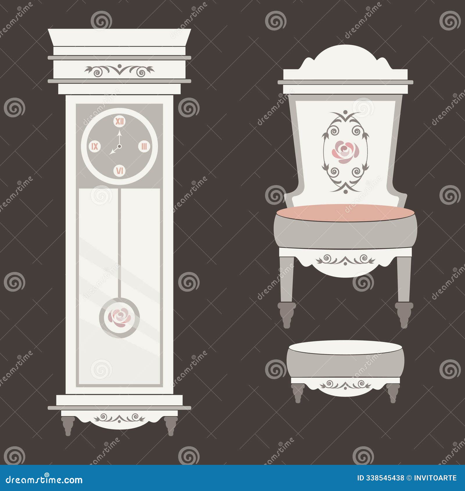 Watch Clocks Arm Chair Vector Illustration Cute Baroque, Shabby Chic ...