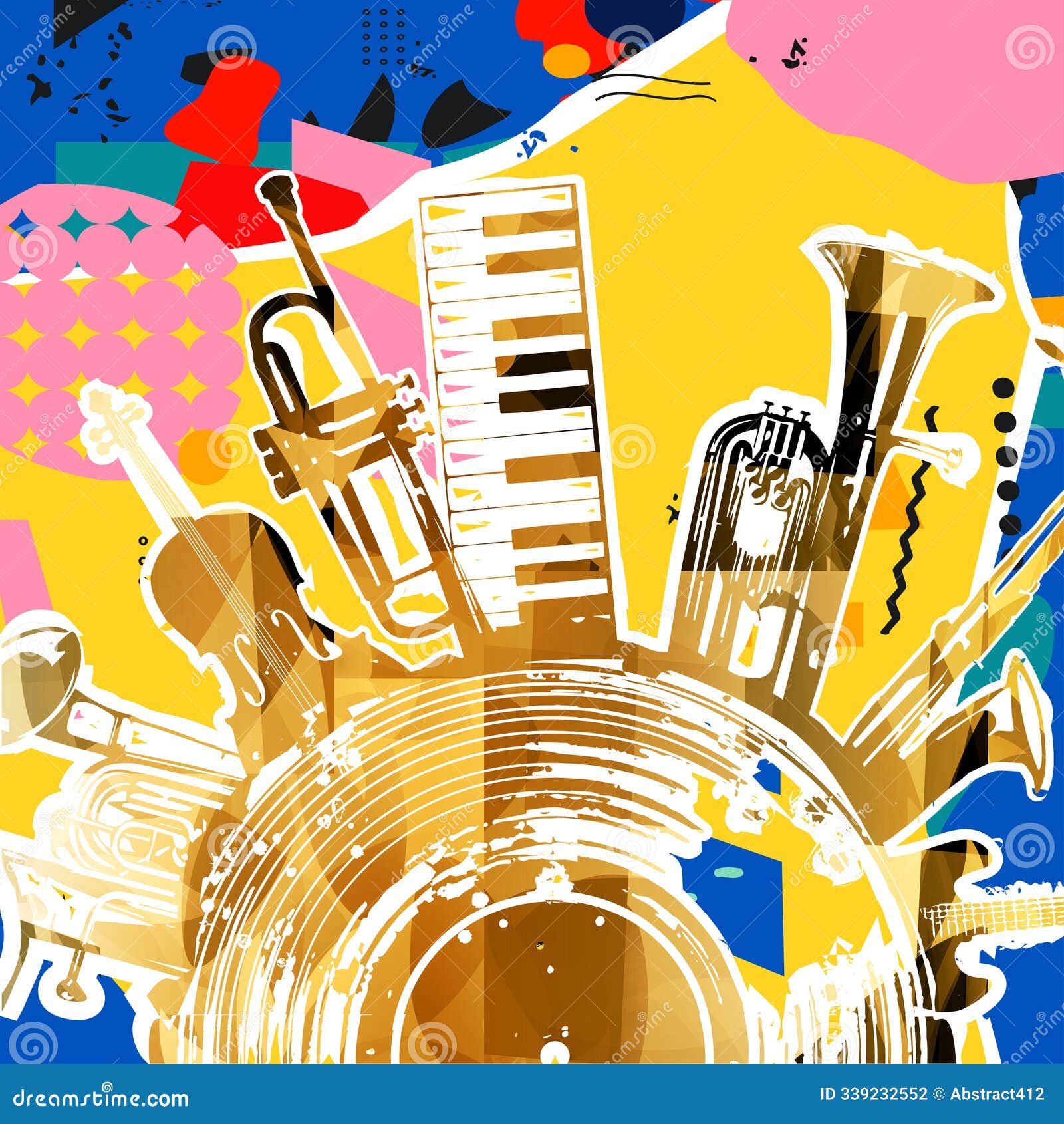Music Background with Colorful Music Instruments and Vinyl Record Disc ...