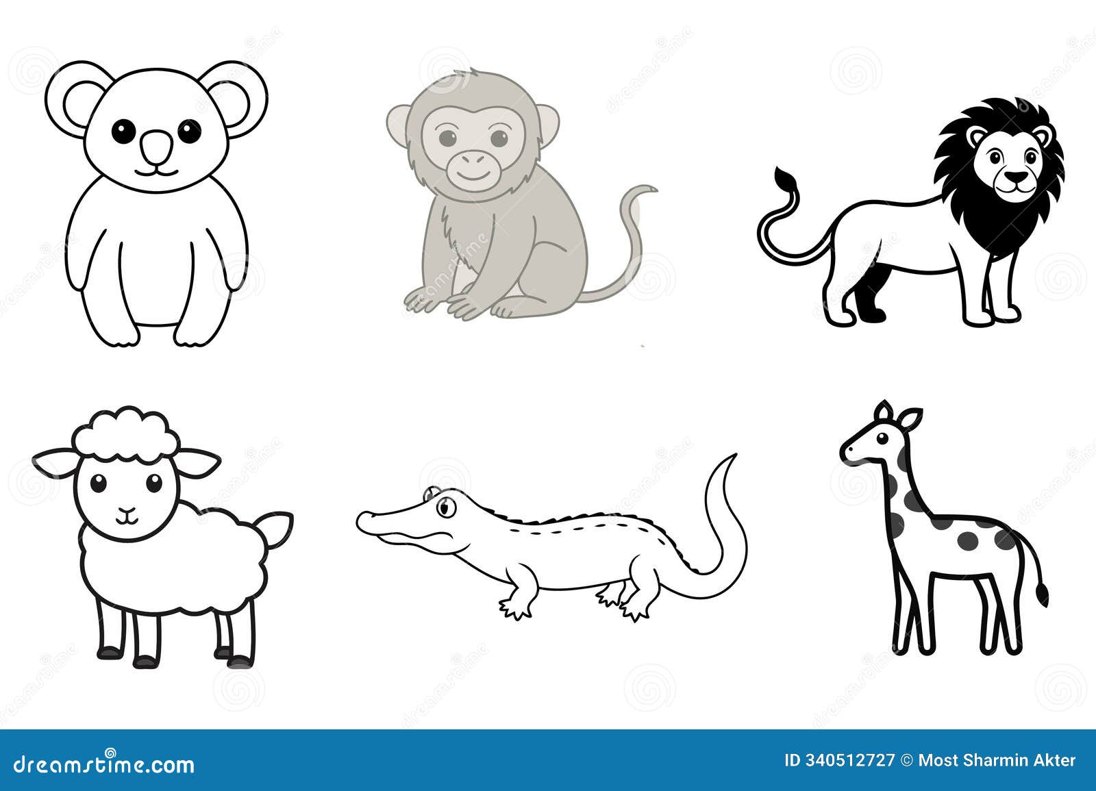 Animal Line Art Vector Set: Crocodile, Giraffe, Koala, Monkey, Lion ...