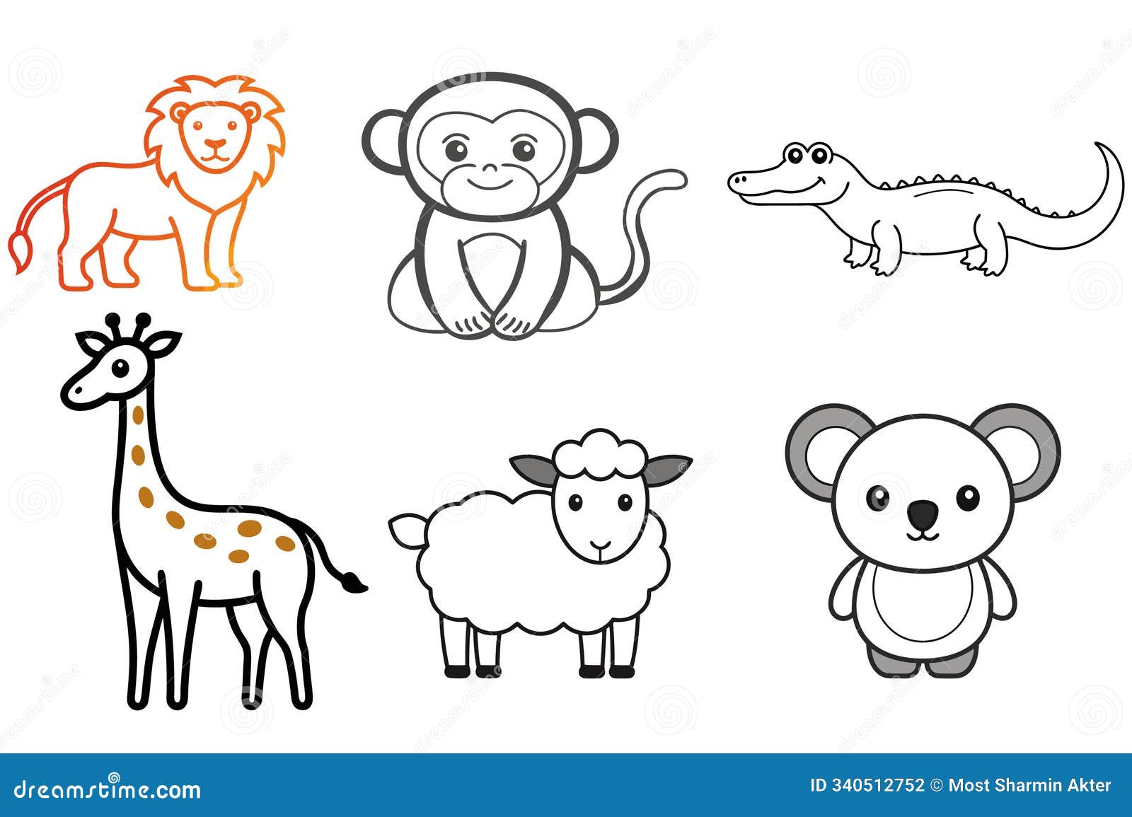 Animal Line Art Vector Set: Crocodile, Giraffe, Koala, Monkey, Lion ...