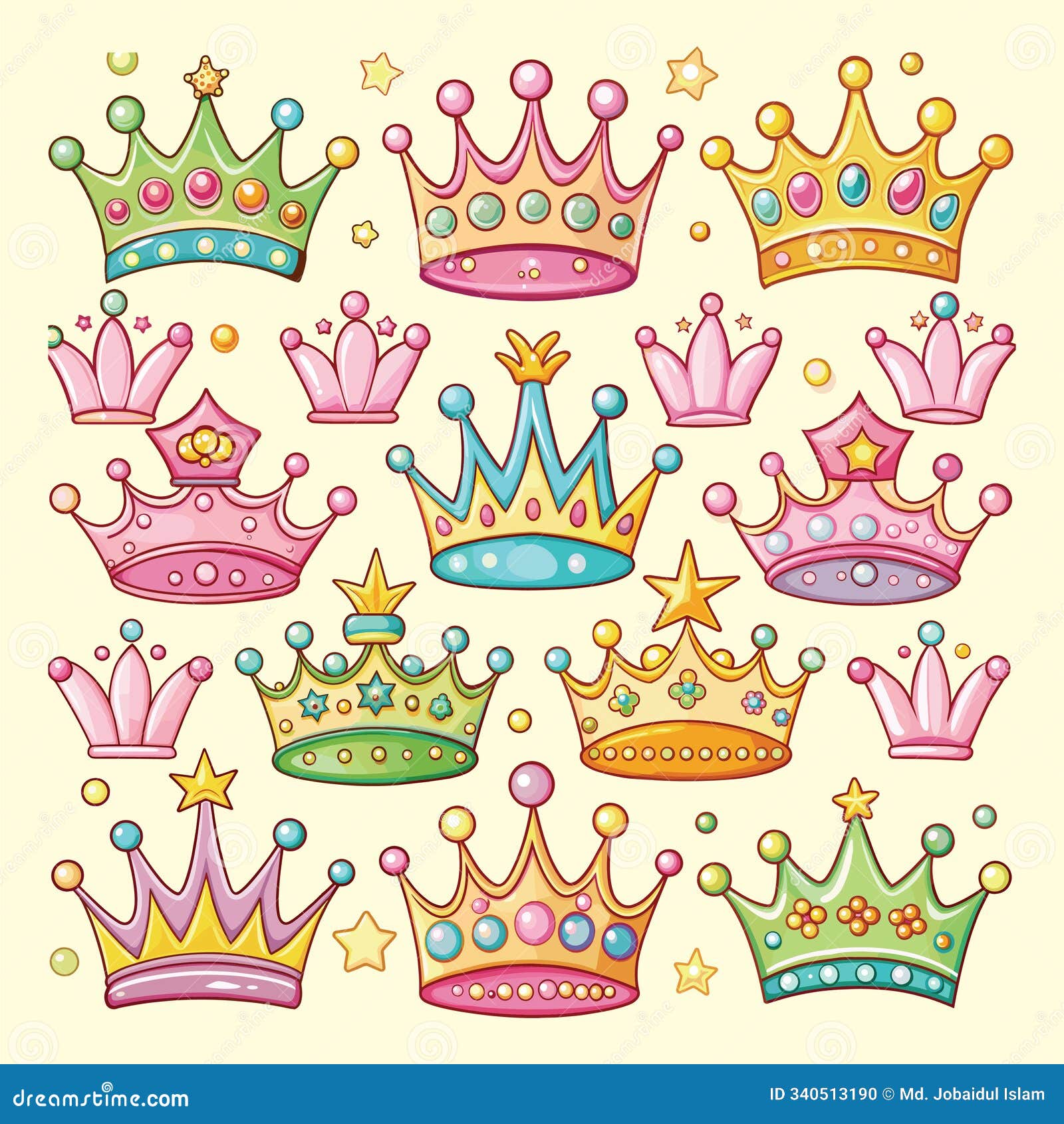 Colorful Princess Crown Vector Set with Jewels and Stars for Royal ...