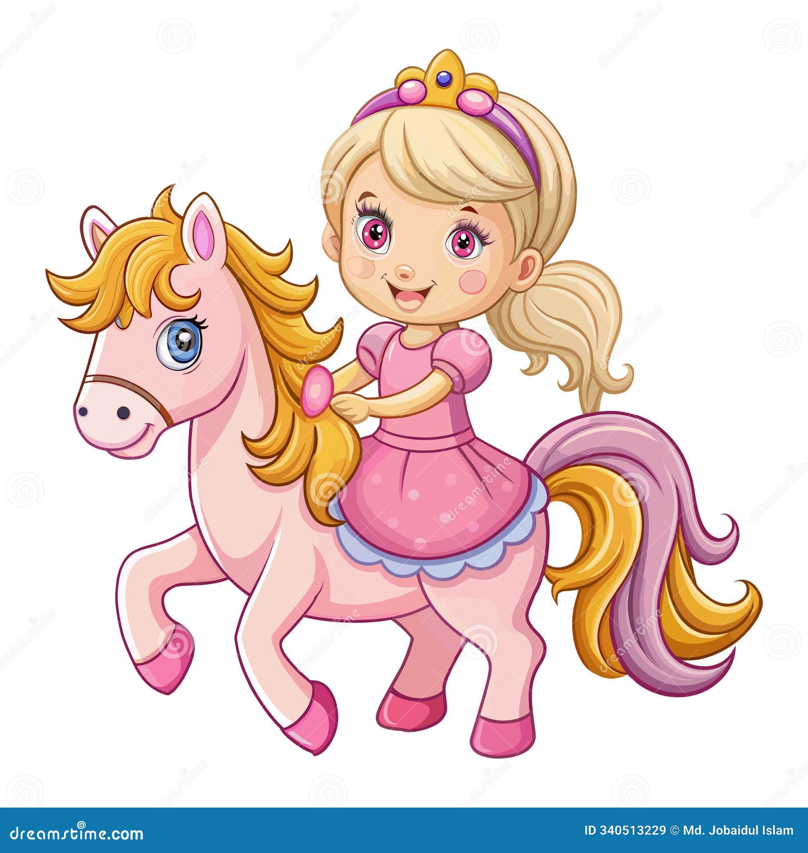 Cute Little Princess Riding a Horse in Cartoon Style for Fantasy ...