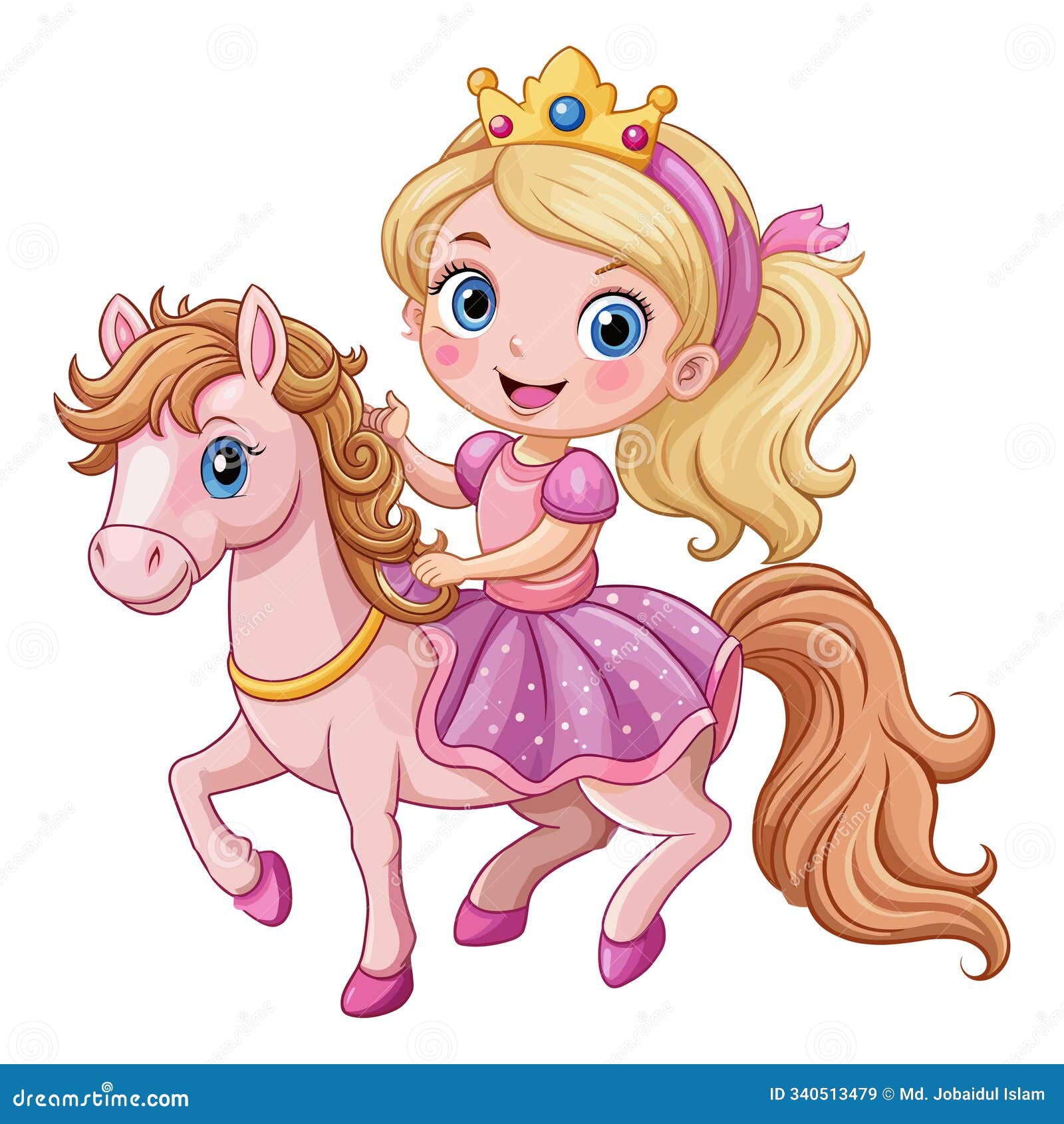 Cute Little Princess Riding a Horse in Cartoon Style for Fantasy ...