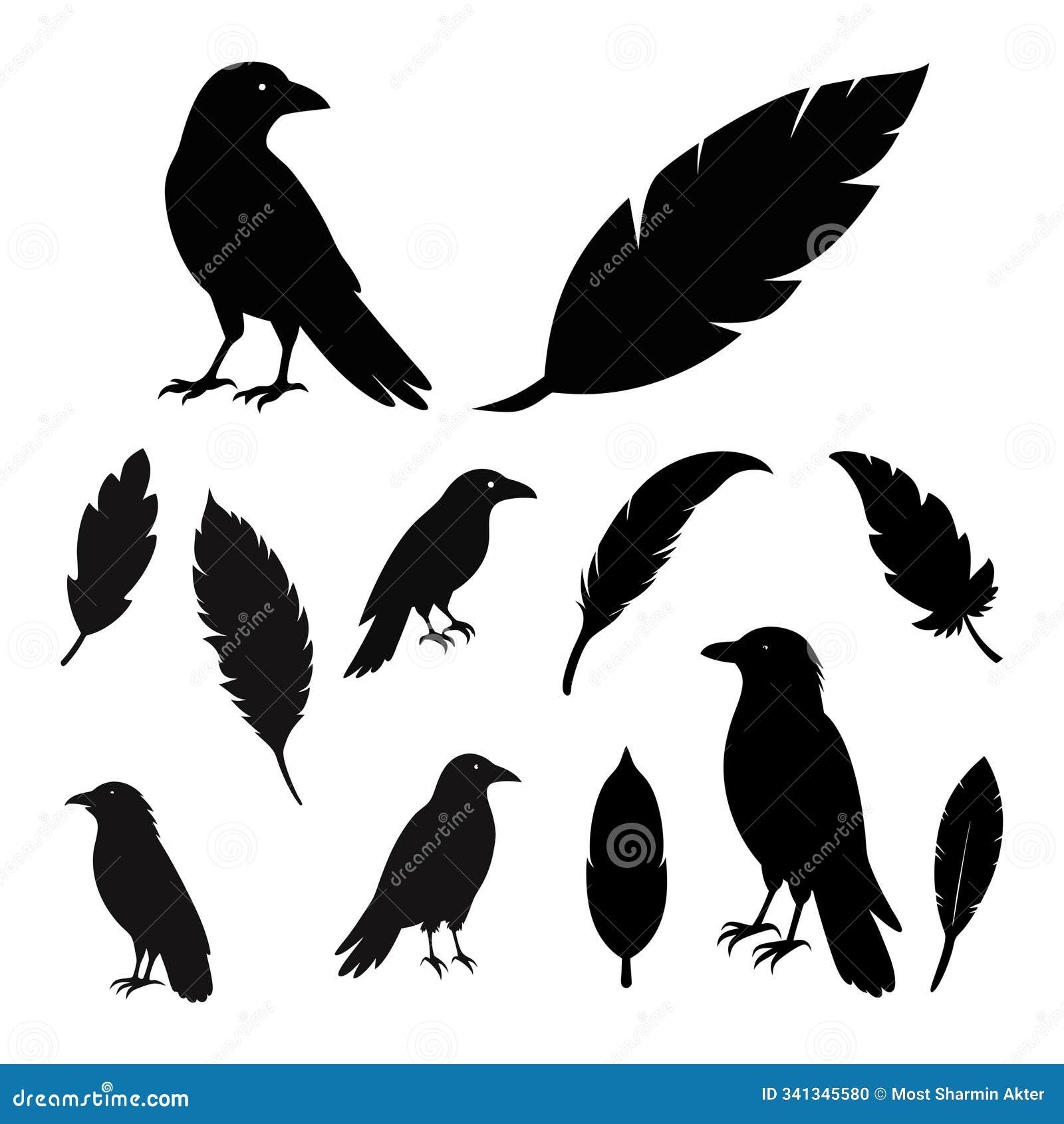 Vector Silhouette Set of Crow, Raven, Bird, and Feather Designs Stock ...