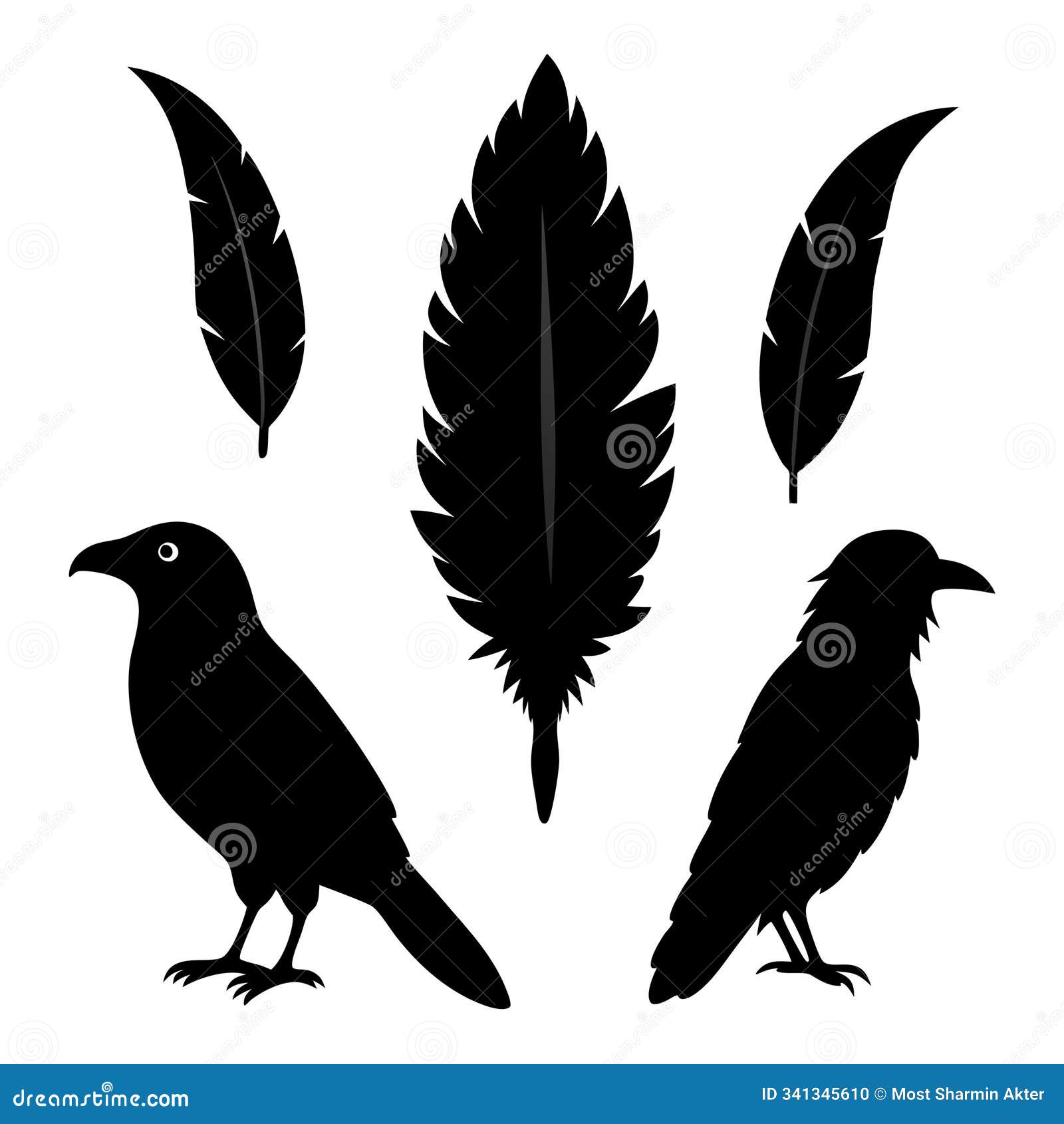 Vector Silhouette Set of Crow, Raven, Bird, and Feather Designs Stock ...
