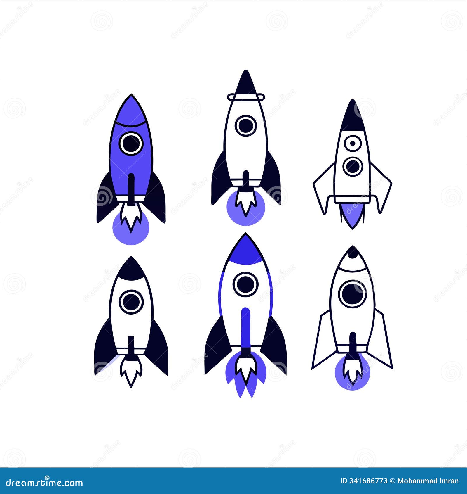 Six Simple Rocket Illustrations with Blue Flames. Stock Illustration ...