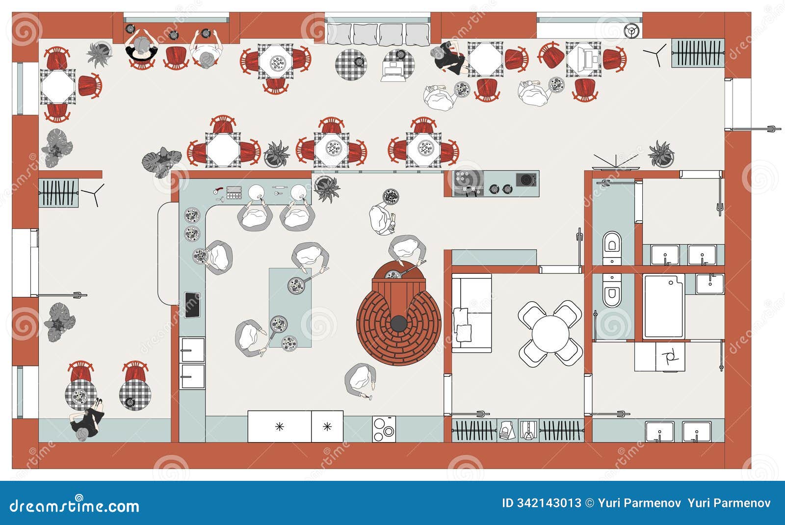 Dining Room Layout of the Hall and Kitchen in the Pizzeria. Interior of ...