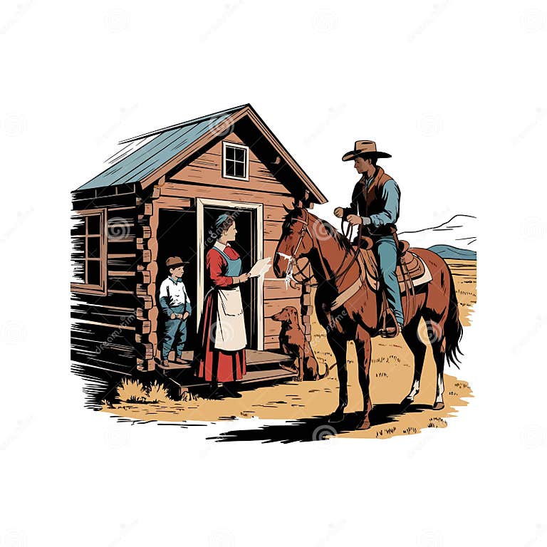 Rural Life of Cowboy Family Vector Artwork Stock Illustration ...