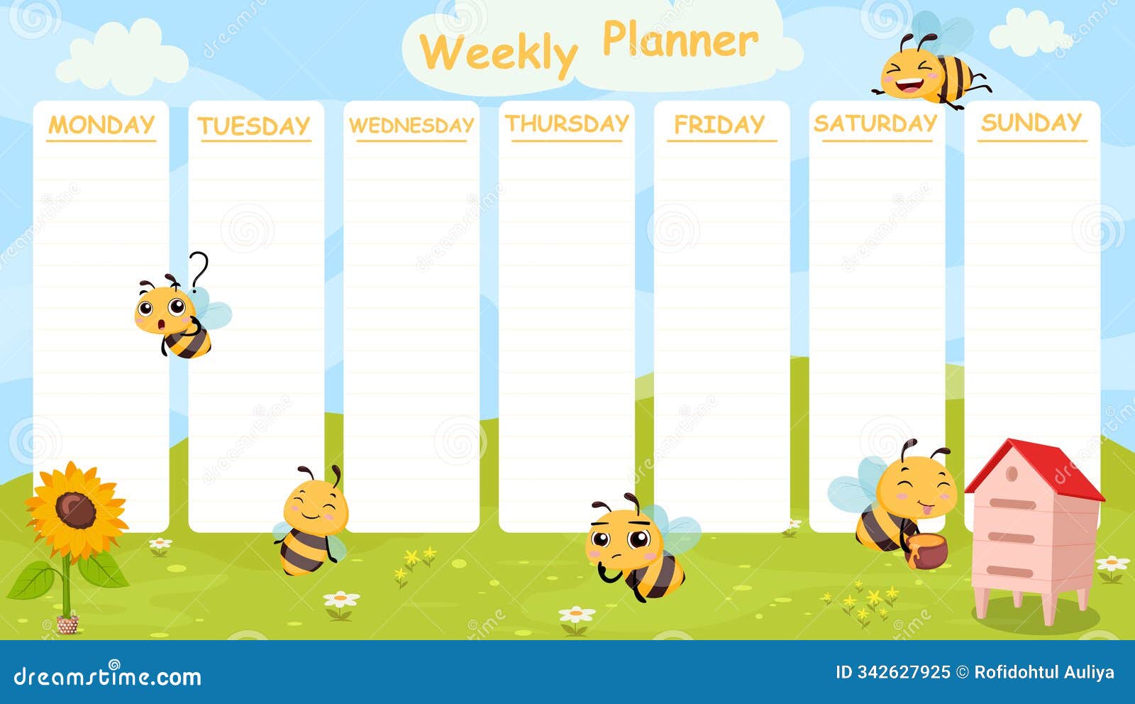 Weekly Planner Stationery with Cute Bee Cartoon Stock Illustration ...
