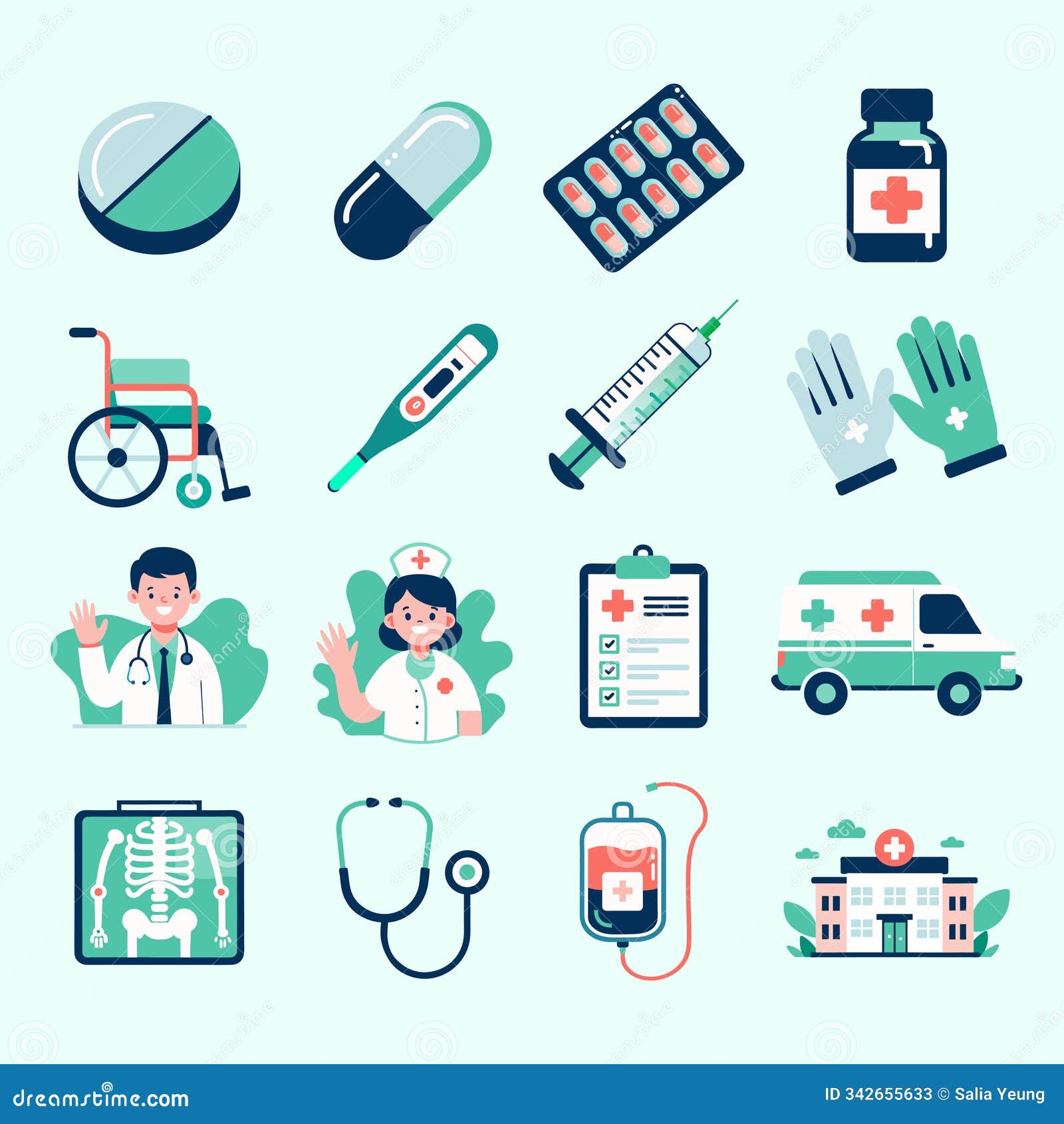 Green Set of Objects and Tools in Hospital with Doctor and Nurse Stock ...