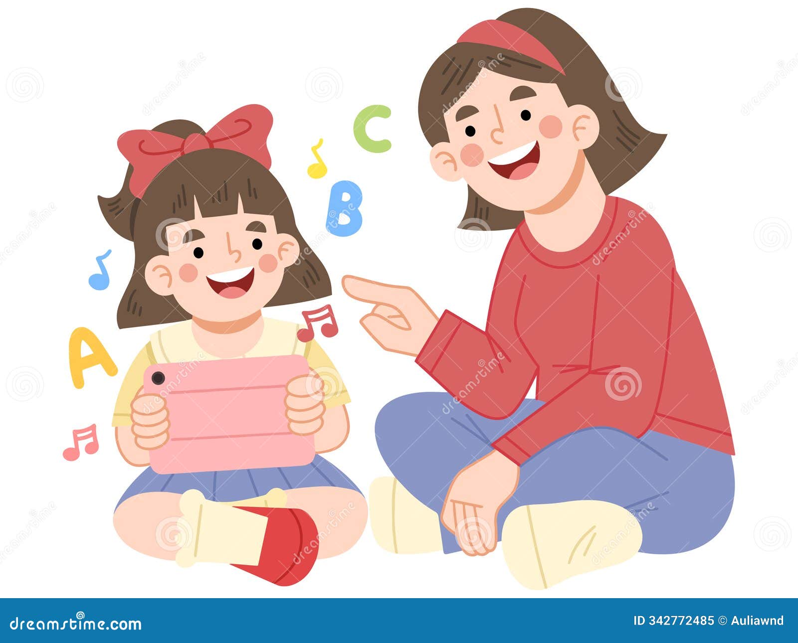 Vector Illustration of Mother and Daughter Enjoying Screen Time Stock ...