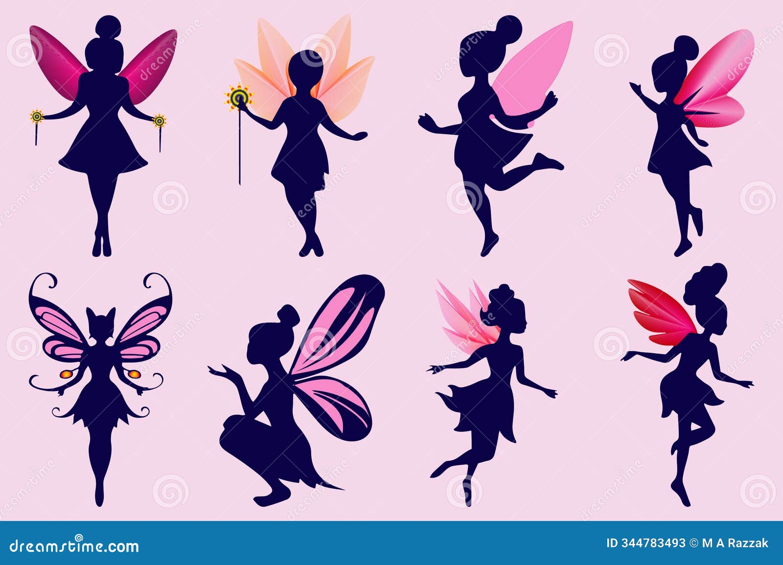 Fairy Silhouettes. Funny Fairies In Different Poses. Little Creatures ...