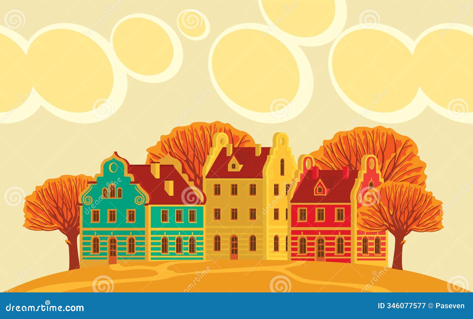 Autumn Town Landscape with Houses, Fall Trees Stock Vector ...