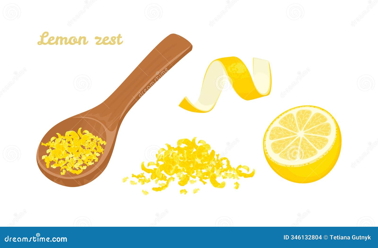 Grated Lemon Zest in Wooden Spoon, Lemon Fruit Cut in Half Stock Vector ...