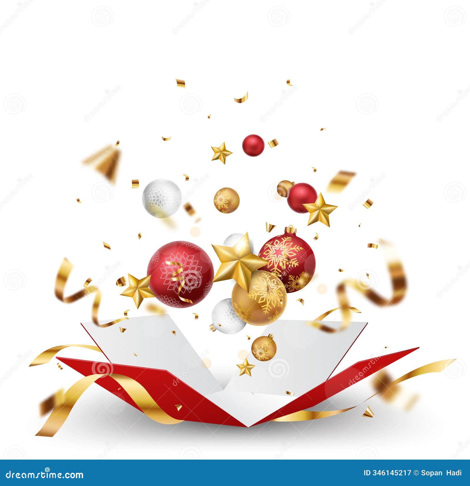 Opening Red Gift Boxes with Golden Ribbons and Christmas Decorations ...