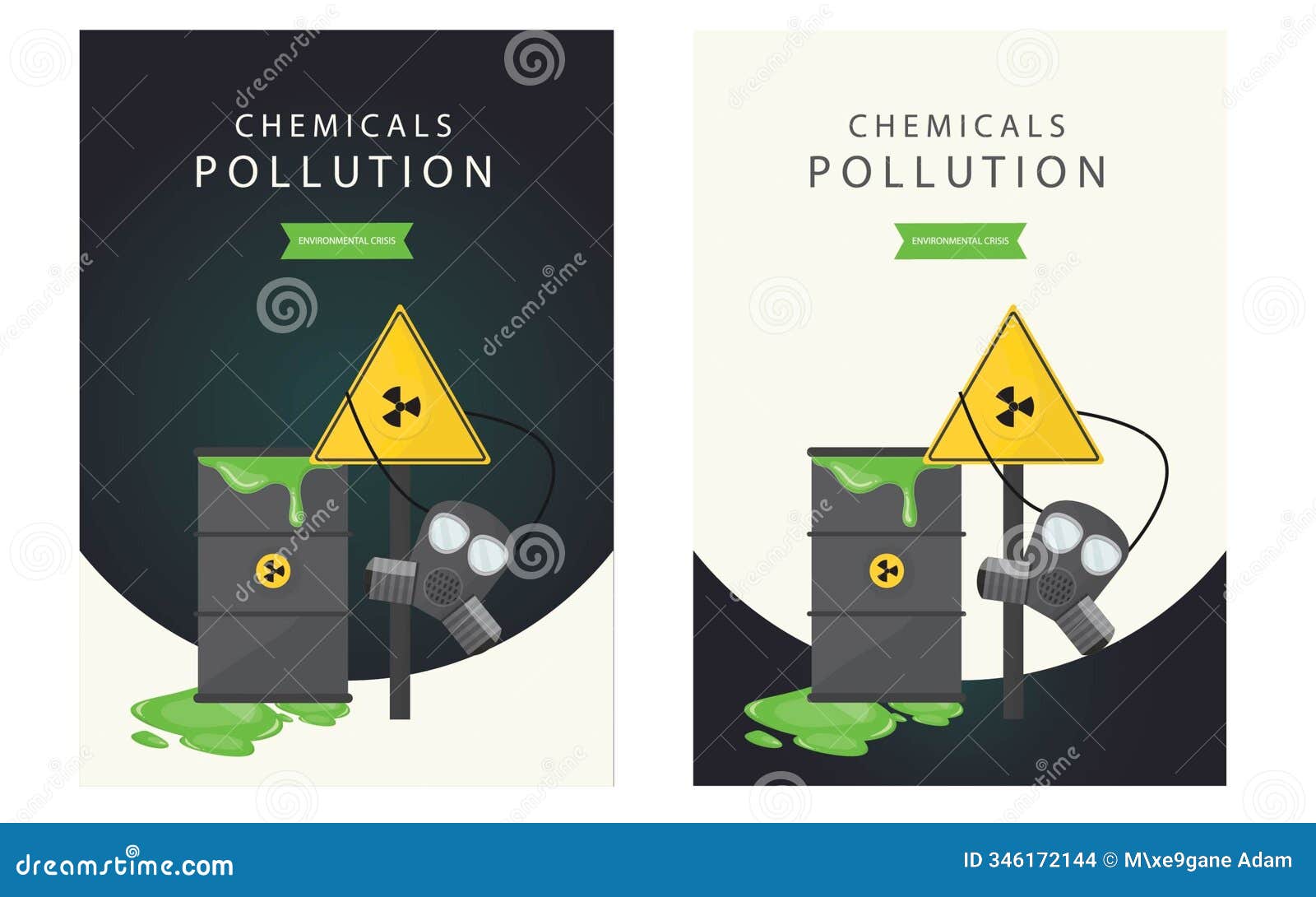 Chemical Pollution Posters Set with Barrels, Gas Mask, Hazard Signs and ...