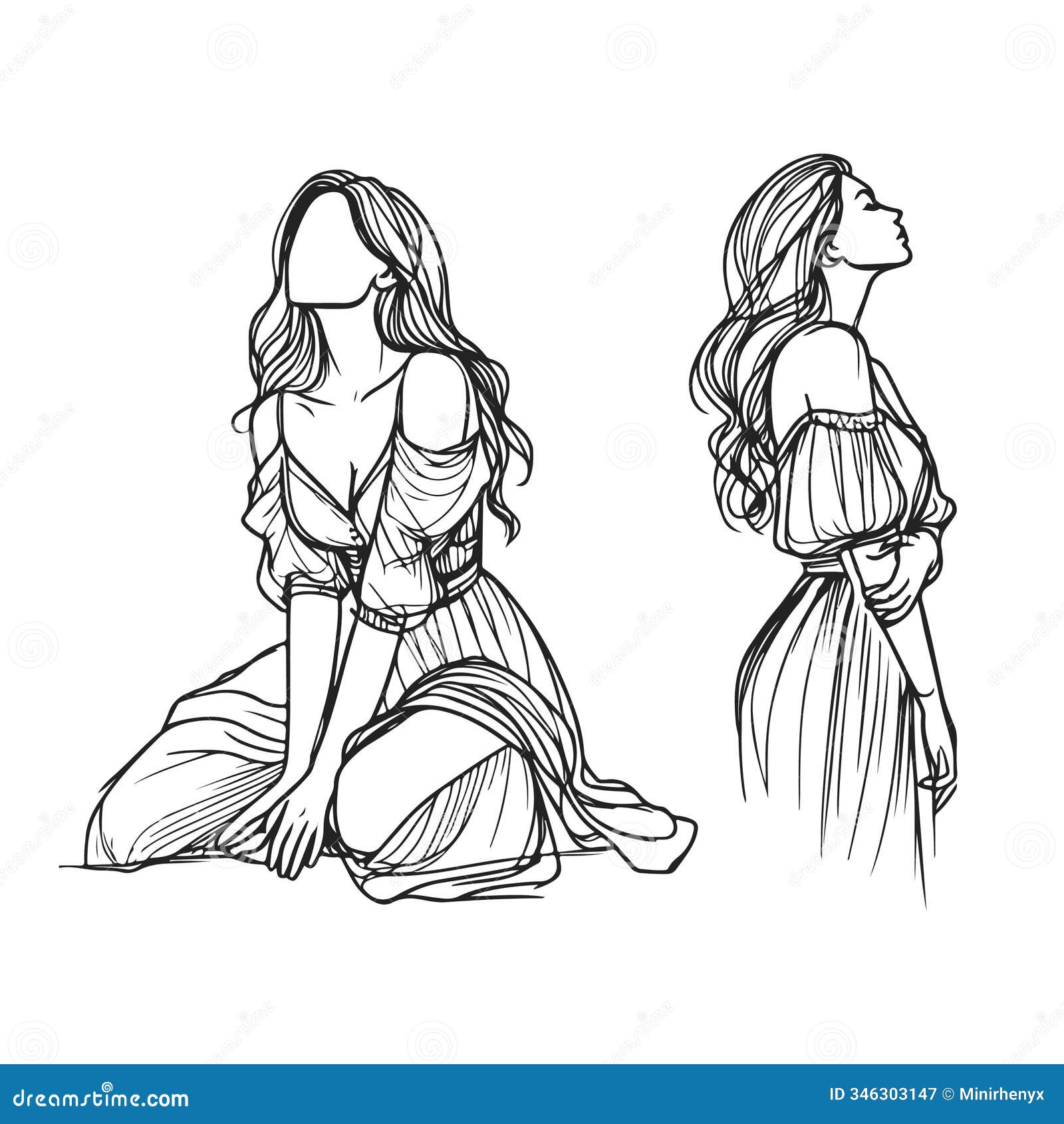 Hand Drawn Beautiful Woman Sketch with Contemplating Poses Stock ...