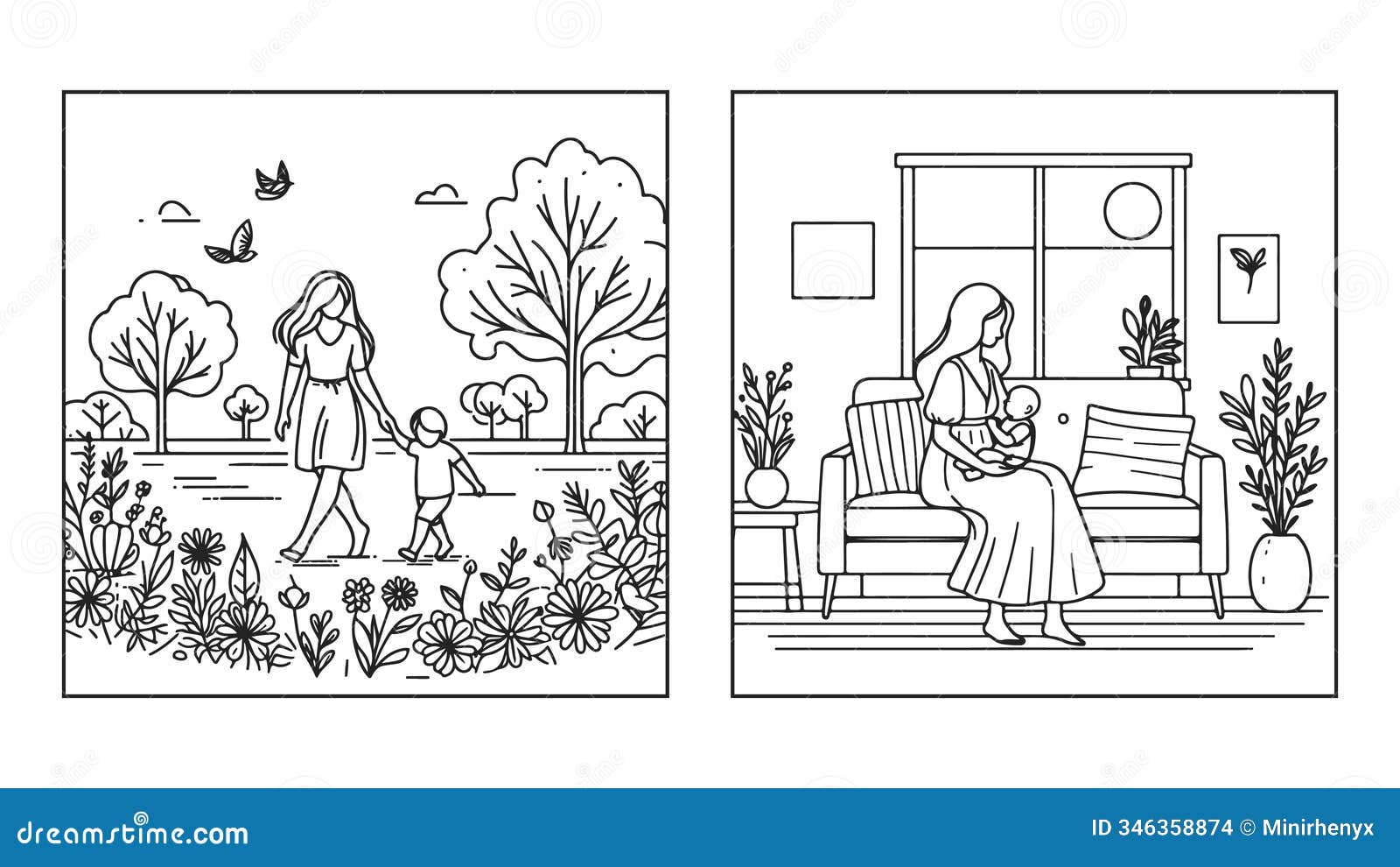 Mother and Child Spending Quality Time Together Line Art Drawing Stock ...