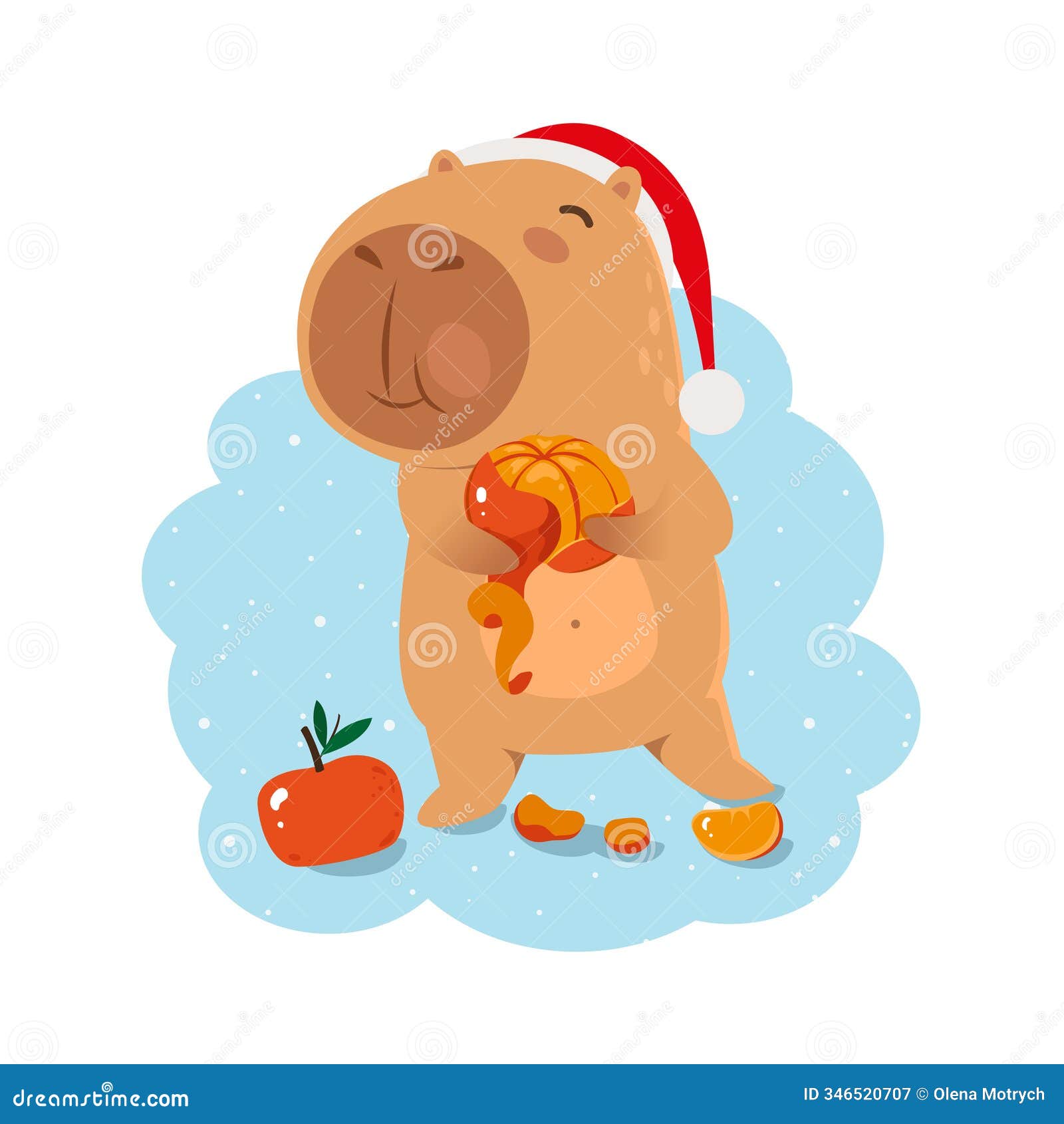 Cute Christmas Capybara in Santa Hat Eats Tangerines. Christmas Kawaii ...
