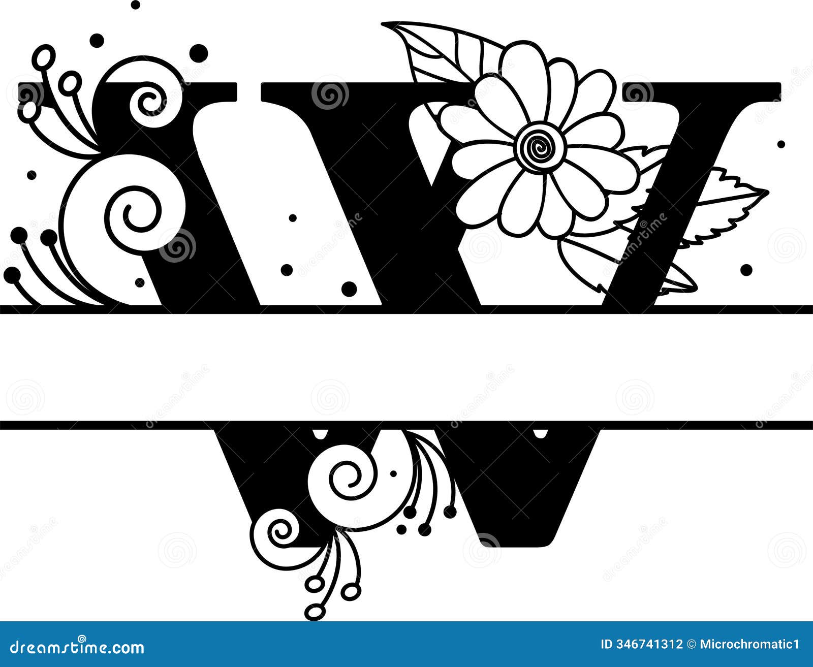 Floral Split Letter W, Black and White Typography Monogram, Botanical ...
