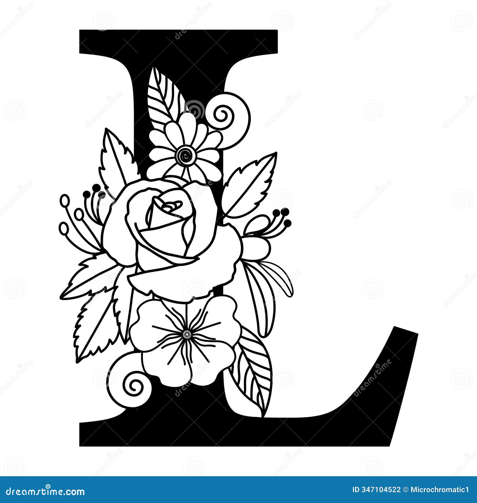 Custom Black and White Floral Letter L Monogram, Botanical Alphabet ...