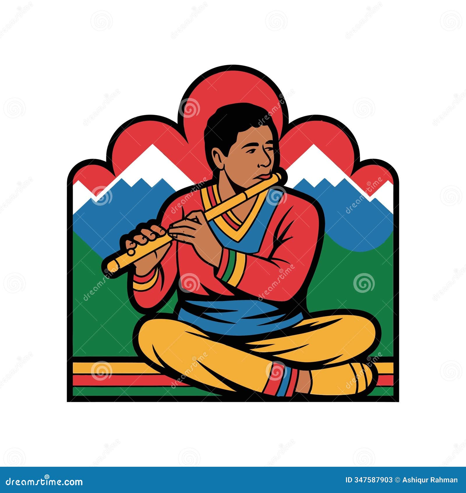 Shepherd Boy Happily Plays the Flute in the Beautiful Mountain Setting ...