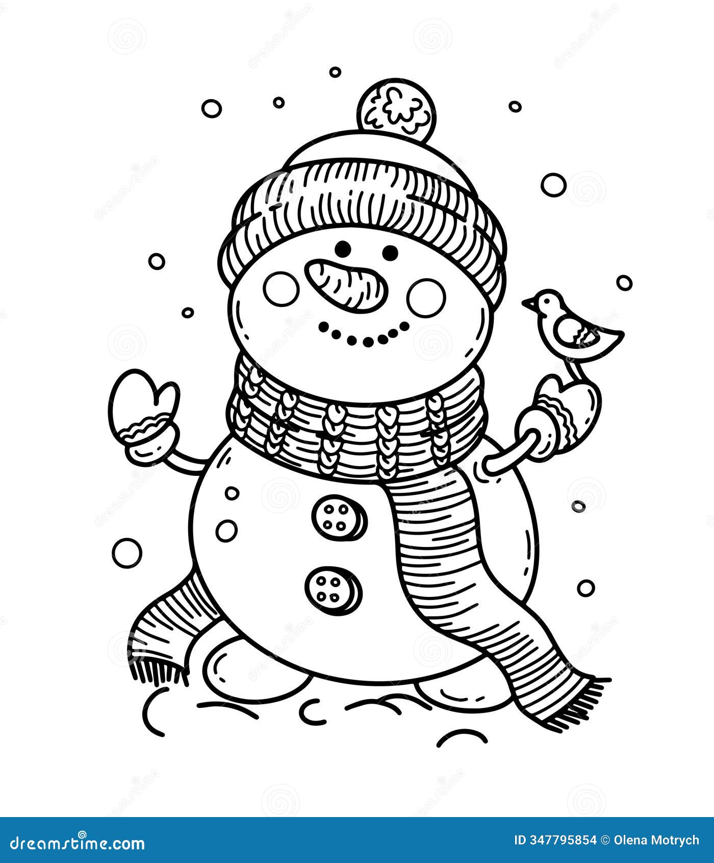 Outline Snowman with Bird and Snow. Winter Coloring Book Page Stock ...