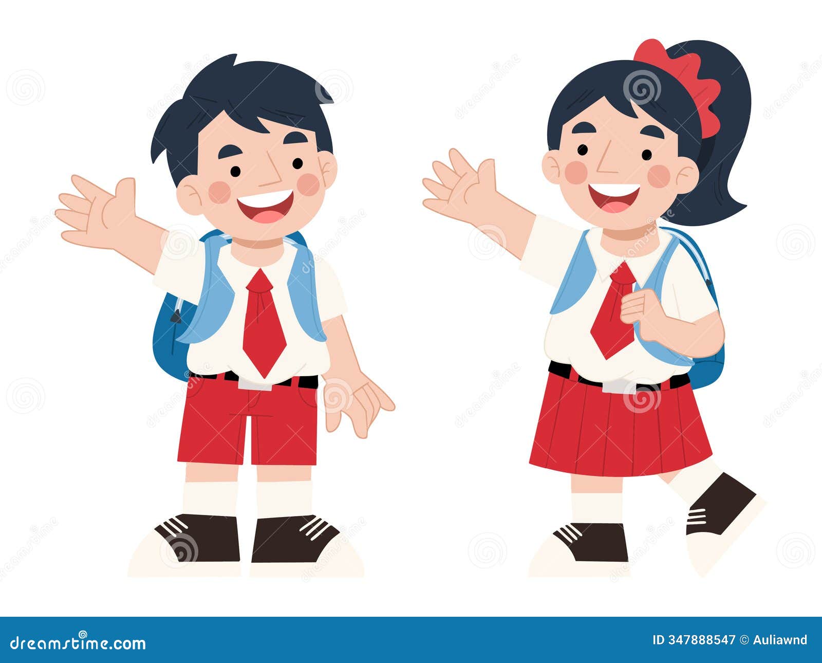 Cute Girls and Boys Ready for School Cartoon Illustration Stock ...