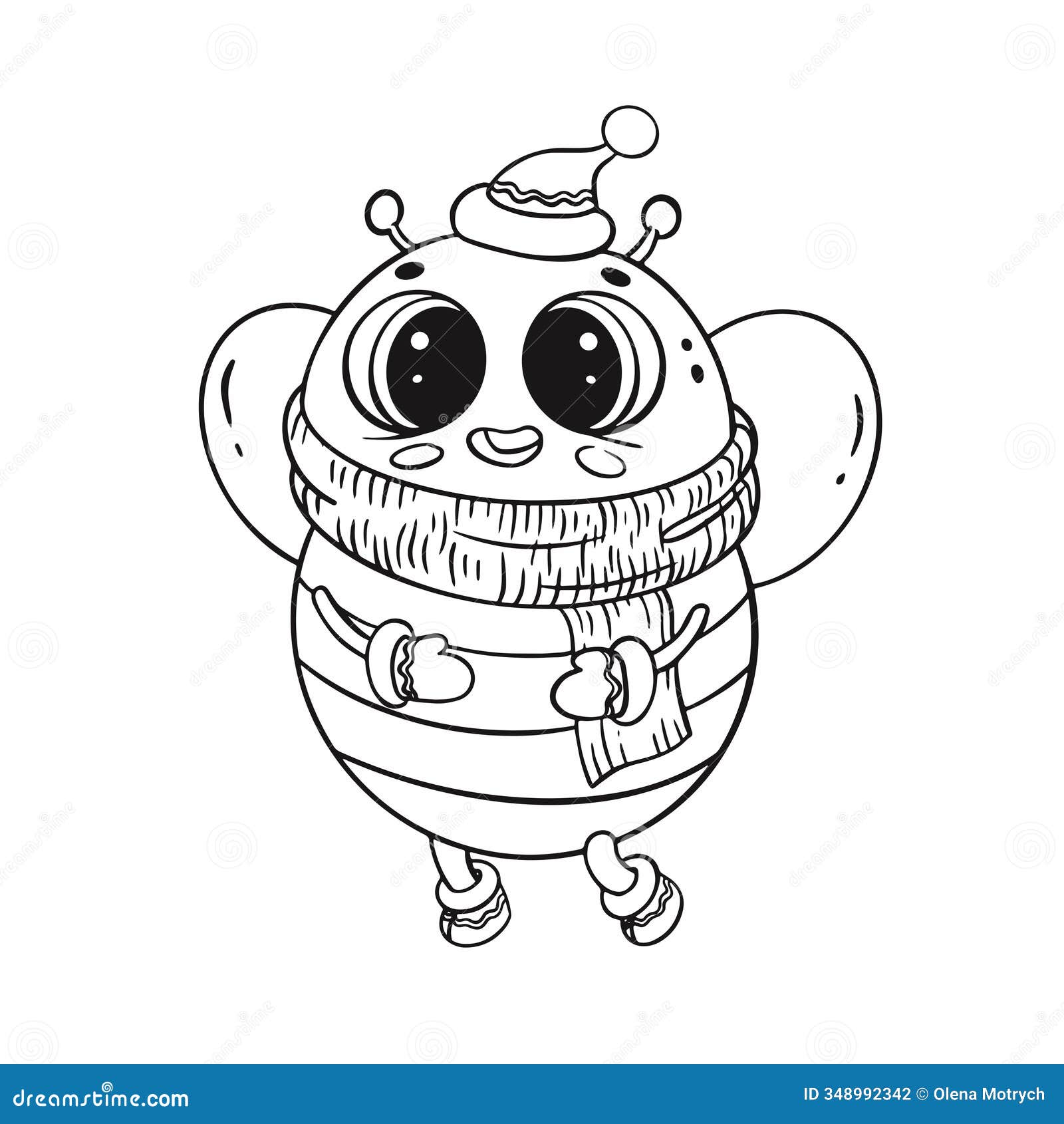 Line Art Christmas Bee in Santa Hat. Christmas Coloring Page Stock ...